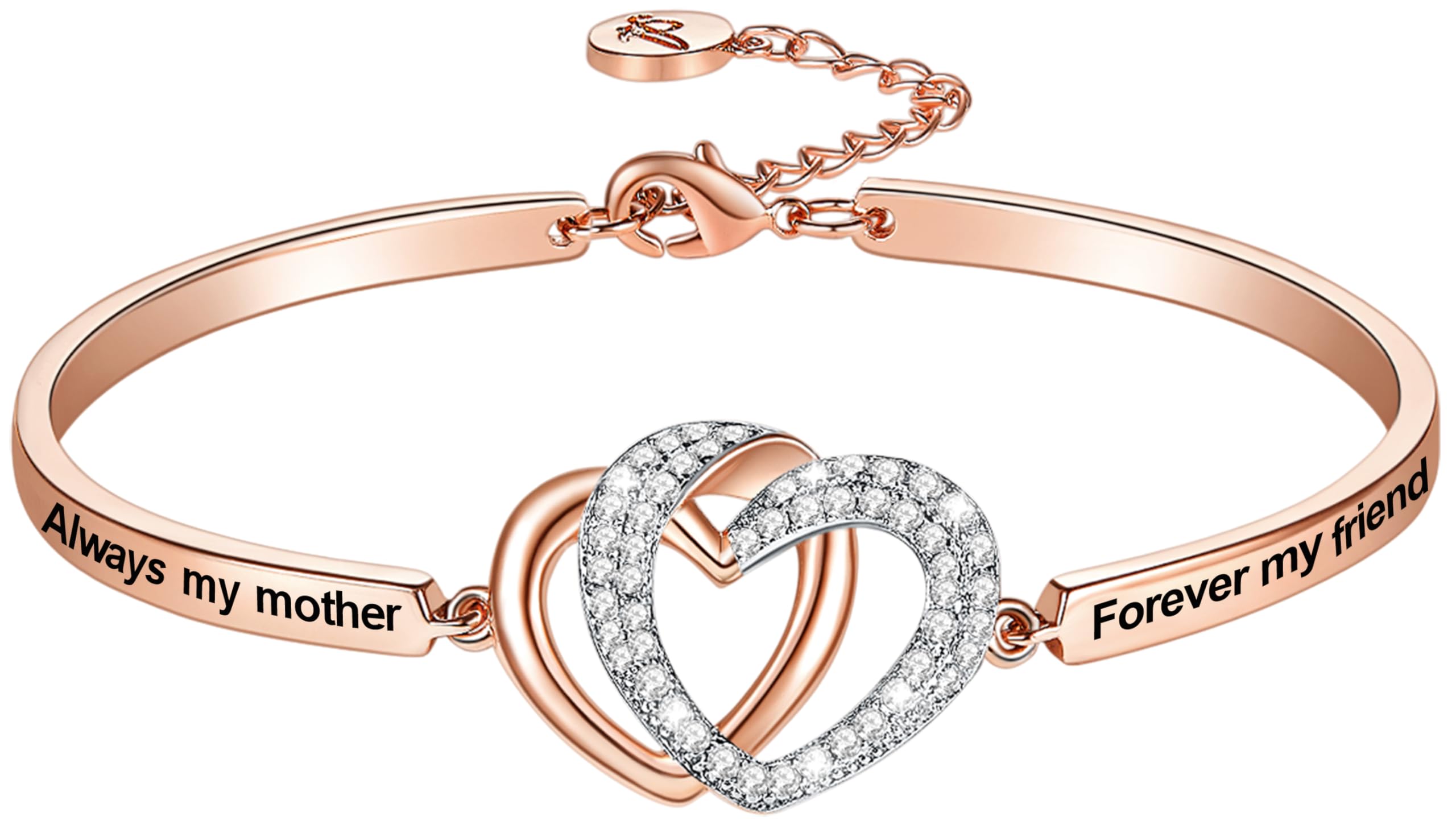 Aihitero Christmas Mom Gift, Engraved āAlways My Mother Forever My Friendā Interlocking Hearts Bangle Bracelet, Rose Gold Women Jewelry, Mama Mum Birthday Valentines Xmas Presents from Son Daughter
