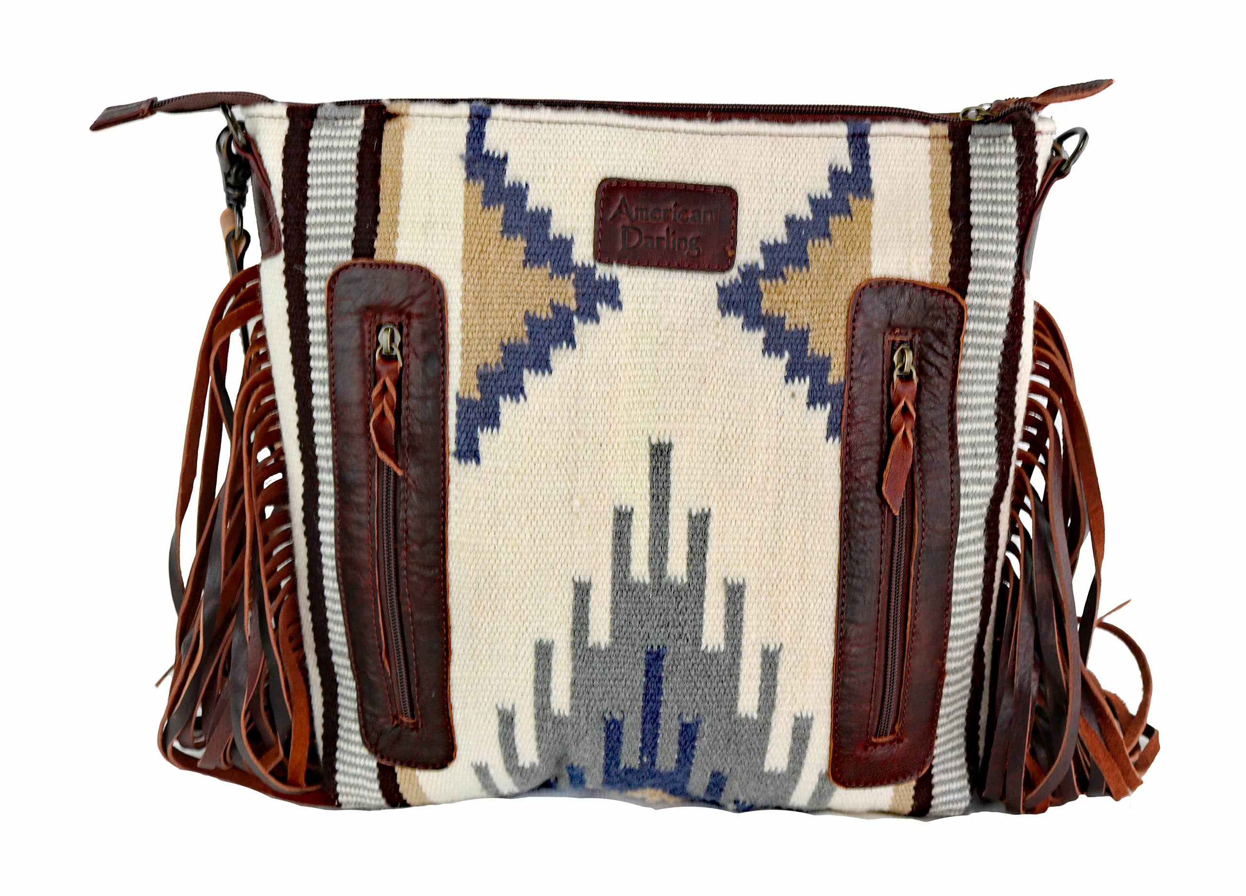 American Darling Aztec And Fringe Crossbody In Cream and Grey ADBGZ579A