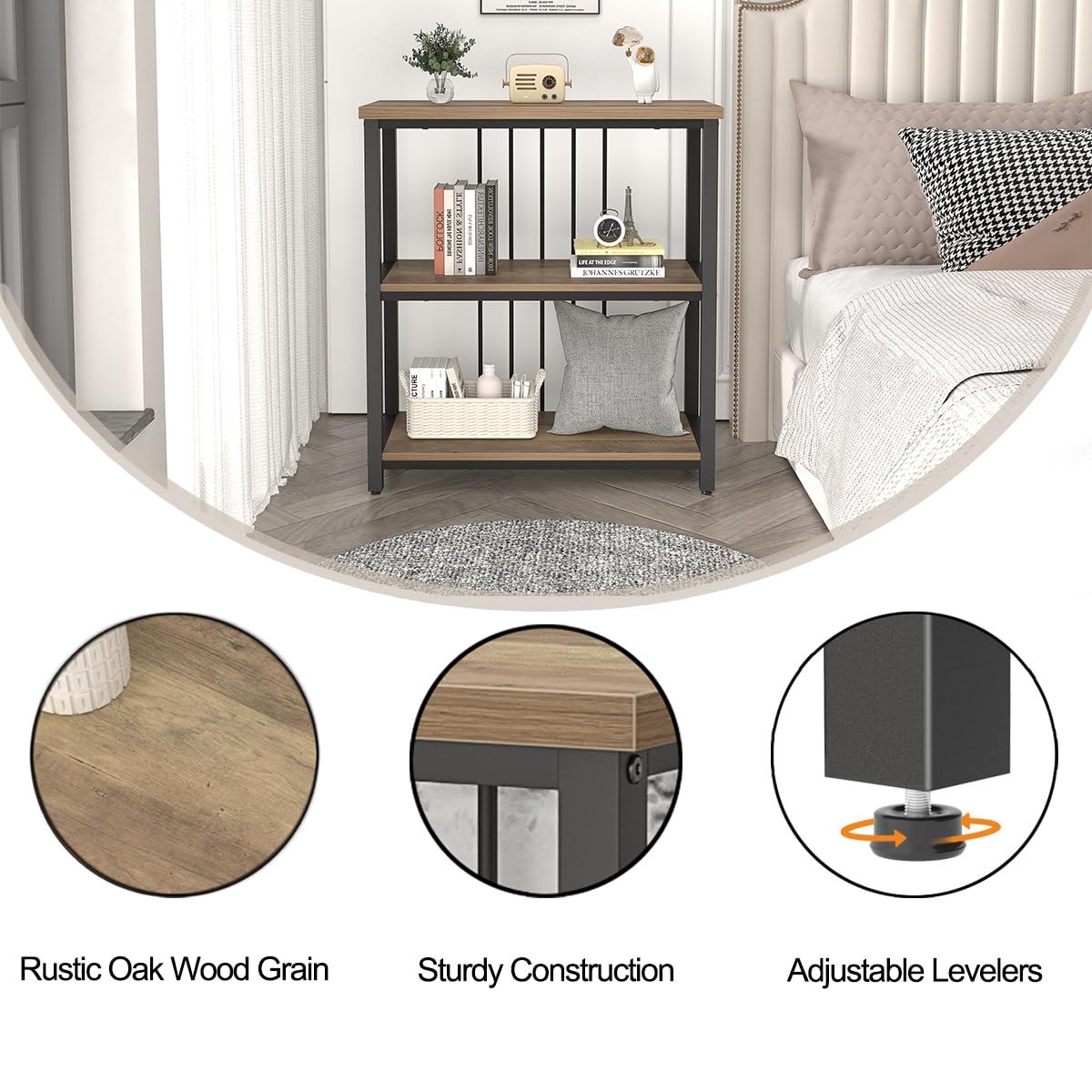 FOLUBAN Small Bookshelf and Bookcase, 3 Tier Open Book Shelf, Modern Metal and Wood Shelving Unit for Living Room Bedroom, Oak