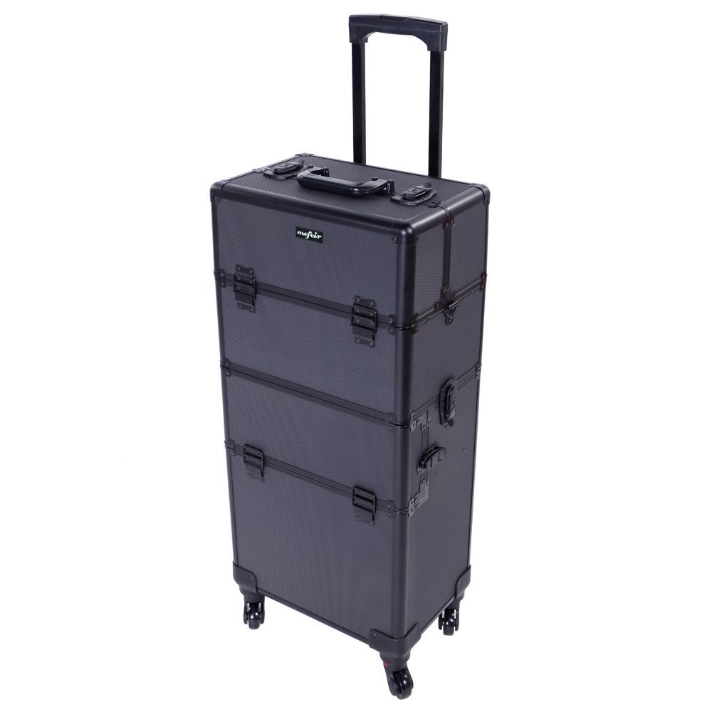 mefeir 2 in 1 Rolling Makeup Train Case, Travel Makeup Organizer Cosmetic Display Case, Aluminum Cosmetology Supply Suitcase on Wheels, Beauty Storage Luggage Lockable w/4 Removable Wheels (Black)