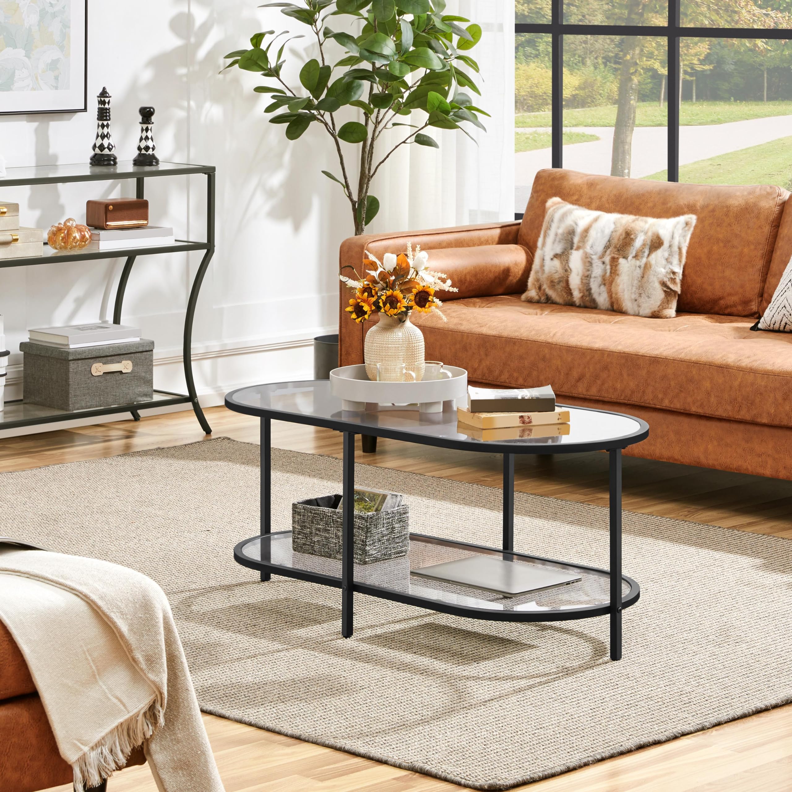 Yaheetech Glass Coffee Table, Black Small Coffee Table for Living Room, 2-Tier Modern Center Tea Table with Storage Shelf for Small Space, Apartment