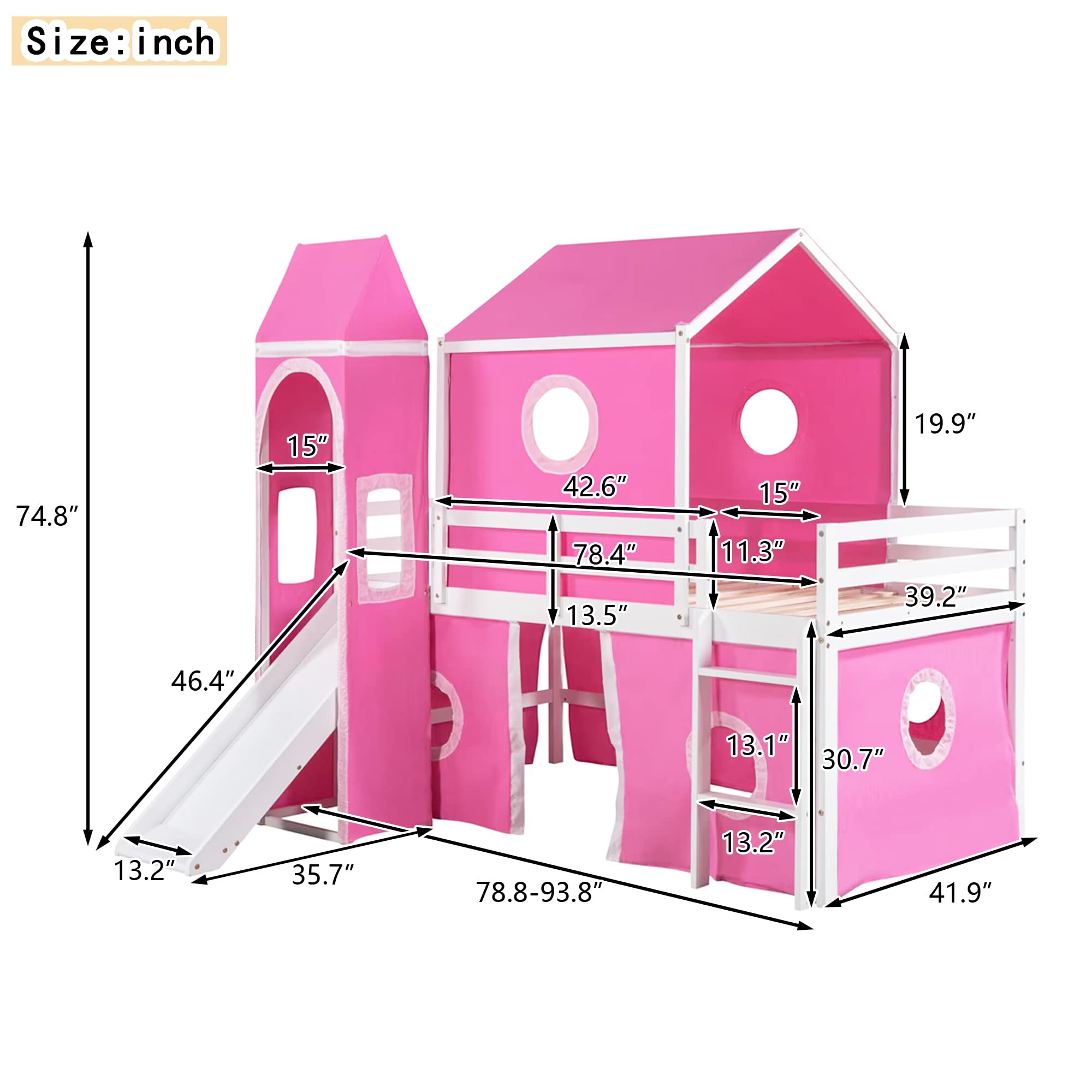 Harper & Bright Designs House Loft Bed with Slide and Tent, Twin Size Loft Bed with Small Pinnacle and Ladders, Wood Bunk Bed, Playhouse Bed Frame for Kids, Teens, Boys & Girls (Twin Size, Pink)