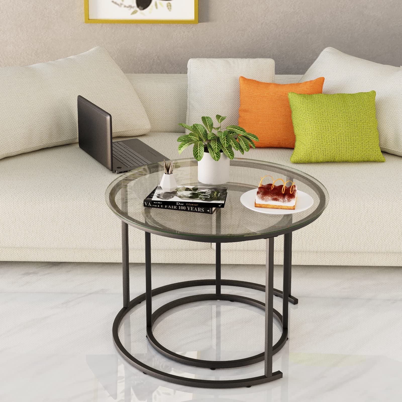 Azheruol Nesting Coffee Table Set of 2,Modern Black Tempered Glass Side Table, Metal Frame Round End Table.Small Glass Tea Table for Living Room,Bedroom Studio Apartment Essentials,17.7IN