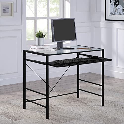 OSP Home Furnishings Zephyr Computer Desk with Keyboard Shelf and Tempered Glass Top, Clear Glass and Black Frame, 36" W x 20" D x 30.25" H