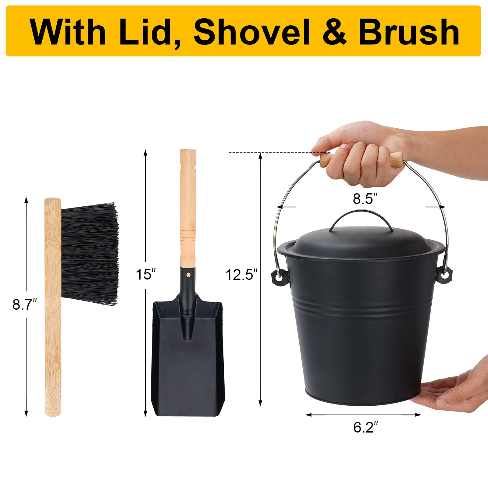 MINI Ash Bucket with Shovel and Hand Broom, 2 Gal Pail with Lid, Metal Bucket Coal and Ash Carrier Wood Pellet Storage Container Tool set for Fireplace Fire Pit, Iron Ash Wood Burning Stove