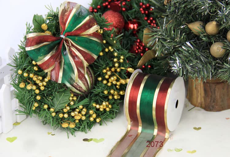 XMRIBBON Metallic Christmas Wired Ribbon Gold Red Green Striped Ribbon - 2 1/2" x 10 Meters,for Gift Wrapping, Tree Topper, Garland, Wreath