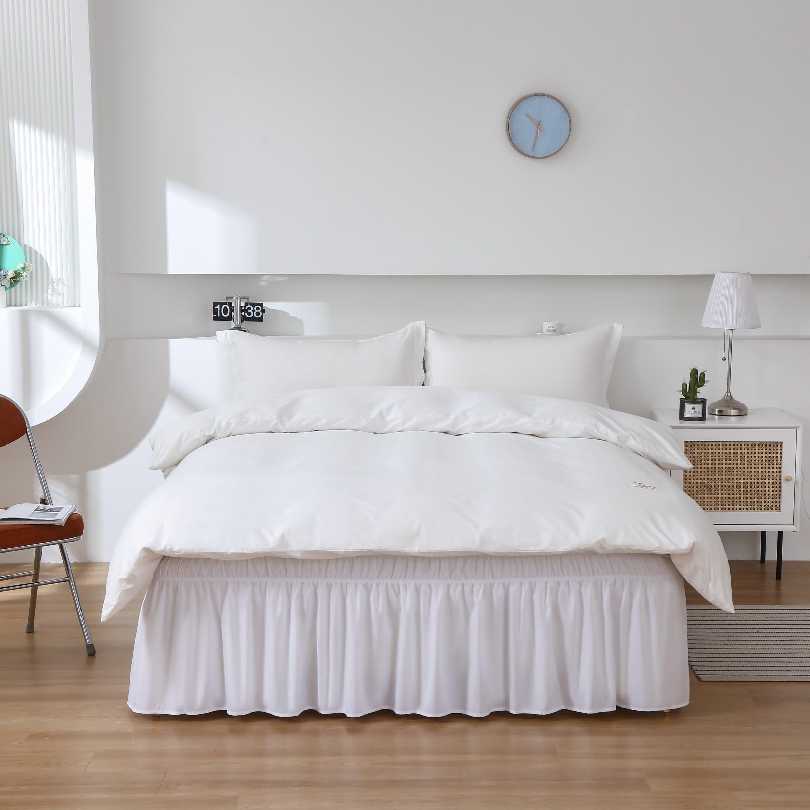 MEILA Wrap Around Bed Skirt Three Fabric Sides Elastic Dust Ruffled 16 Inch Tailored Drop,Easy to Install Fade Resistant-White, Queen/King