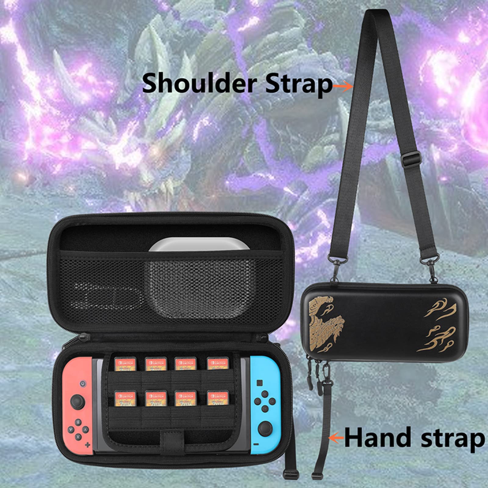 Flyekist Carrying Case for Nintendo Switch Lite - Monster Hunter Rise Theme - Portable Travel Protective Hard Storage Bag Soft Lining with 8 Game Card Slots for Switch Lite & Accessories