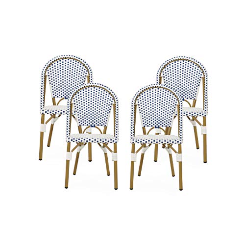 Christopher Knight Home Philomena Outdoor French Bistro Chair (Set of 4), Blue + White + Bamboo Print Finish