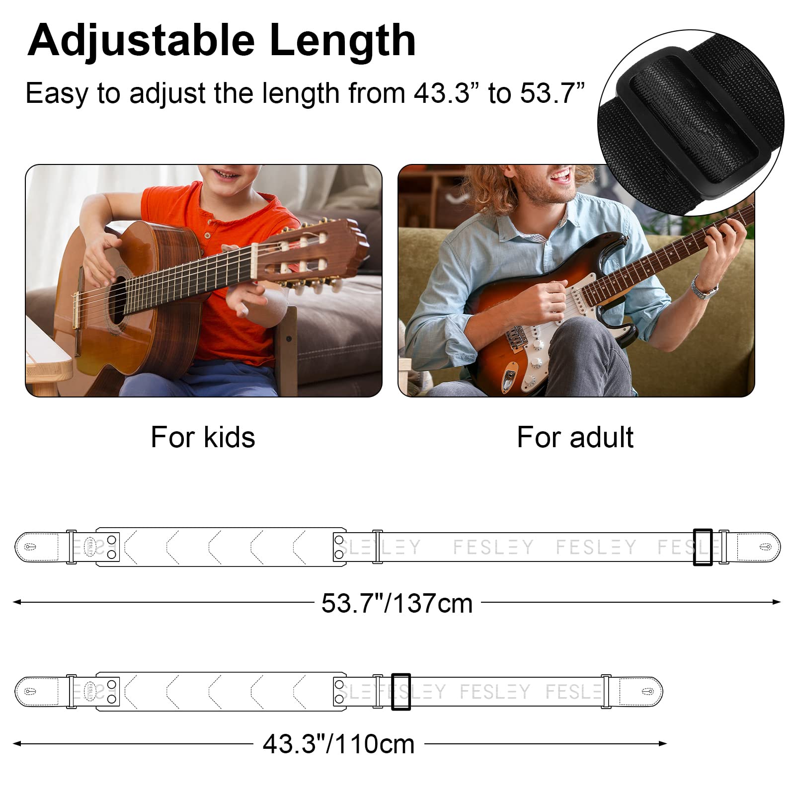 Acoustic Guitar Strap, Fesley Adjustable Guitar Strap for Bass & Electric Guitar, Bionic Leather Acoustic Guitar Strap with 2.8” Wide Memory Foam Pad, Adjustable Length from 43” to 54”, Black