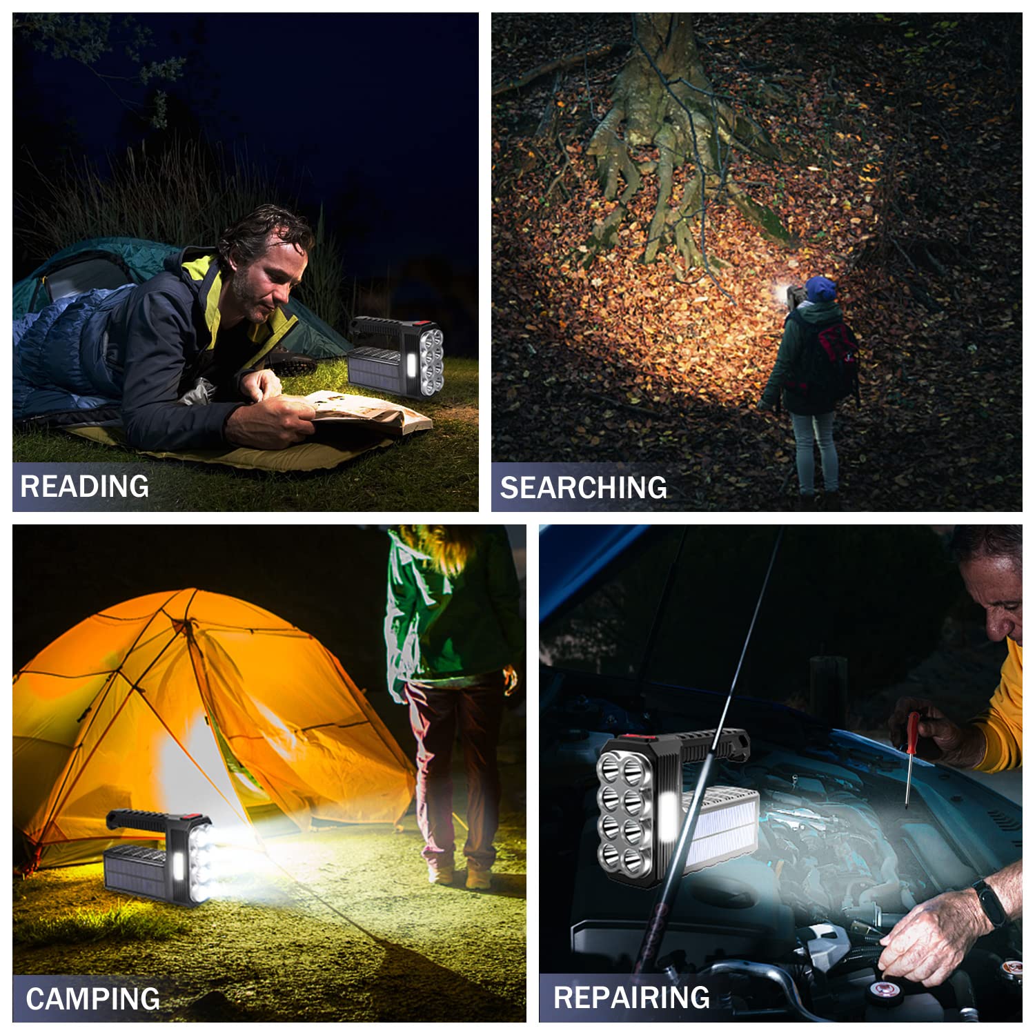 Solar Flashlight Rechargeable 8 LED Handheld with COB Sidelight, High Lumens 3 Modes Searchlight, Portable Lightweight Waterproof Spotlight for Fishing Outdoor Camping Emergencies
