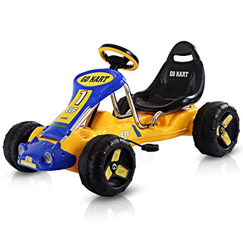 Costzon Kids Pedal Go Kart, 4 Wheel Ride on Car, Pedal Powered Ride on Toys for Boys & Girls with Adjustable Seat, Pedal Cart for Kids 37"× 24.8"× 20.1" (Yellow)