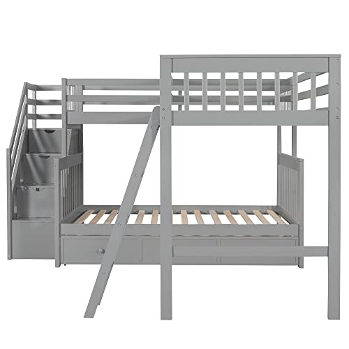 BOVZA Twin Over Full L-Shaped Bunk Bed Corner Loft Bunk Beds with Storage Drawers, Angled Ladder and Stairs, Wood Triple Bunk Bed for 3 Kids Teens Adults, Gray
