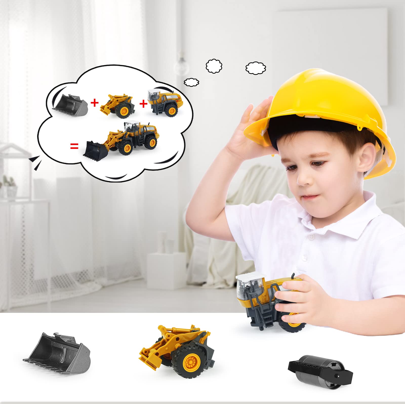 Hapavis Construction Vehicles Toys Set with Road Roller Snow Plow Forklift Bulldozer Alloy Construction Site Vehicles