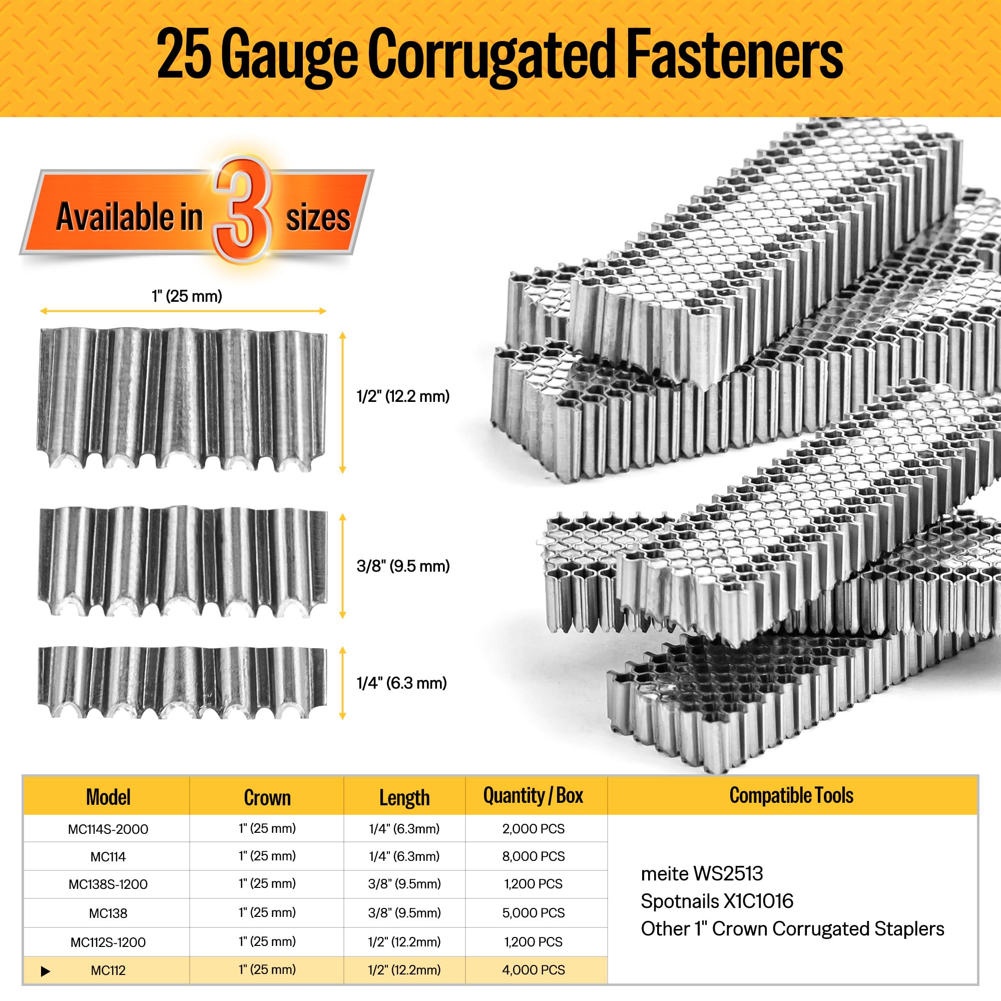 meite Corrugated Fasteners MC112 25 Gauge 1-Inch Crown 1/2-Inch Long Corrugated W Fastener Staples (1 Small Pack - 1,000 PCS)