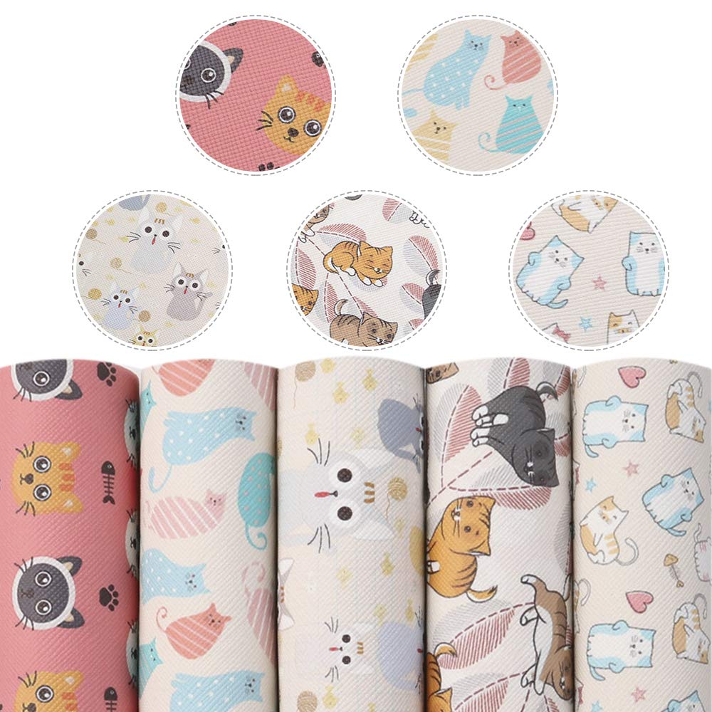 David Angie Cute Animals Faux Leather Sheet Cats Printed Synthetic Leather Sheet 5Pcs 7.7" x 12.9" (20 cm x 33 cm) for DIY Earrings Bows Making (Assorted)