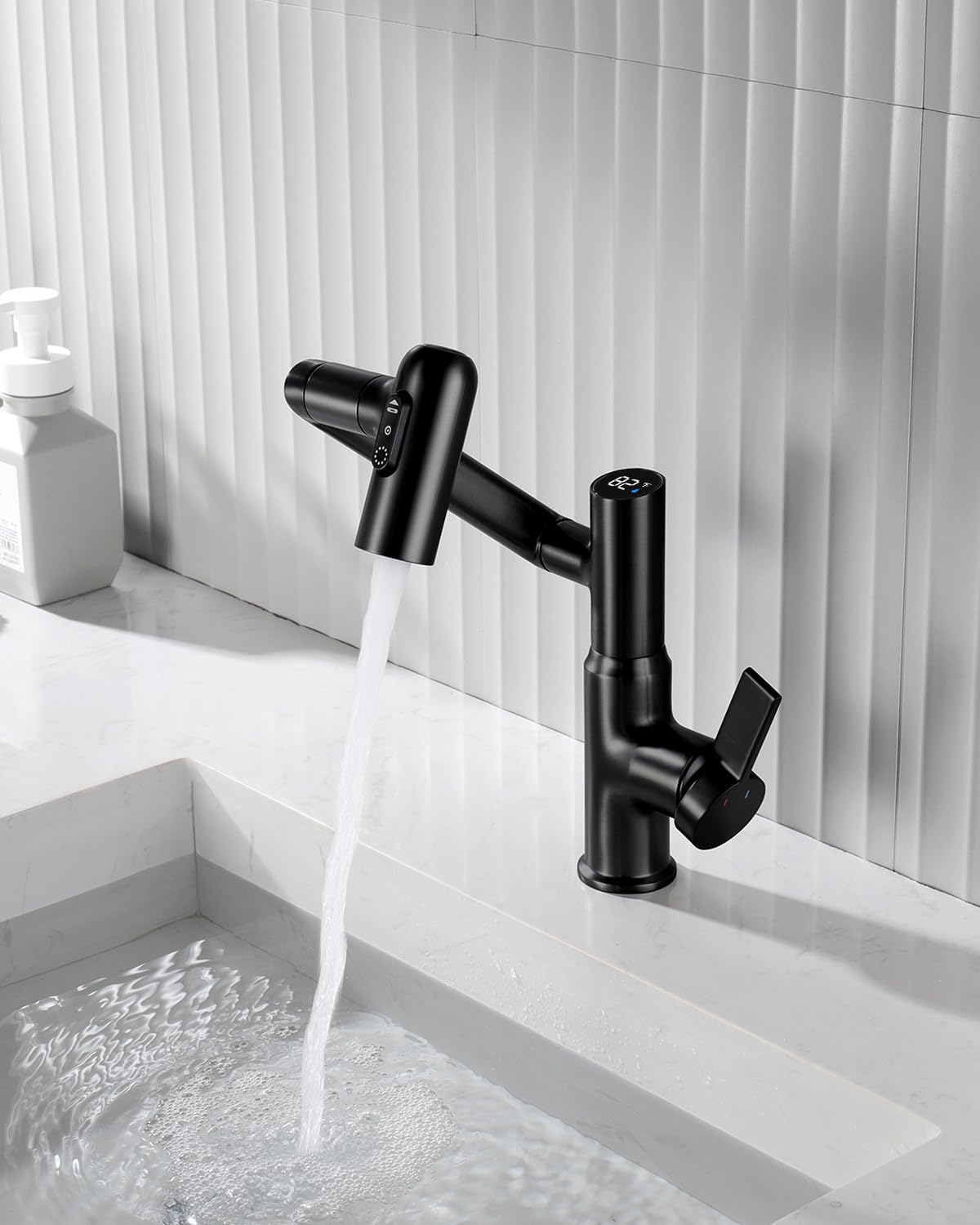 Lefton Rotatable Bathroom Faucet with Temperature Display in Fahrenheit (Batteries-Free), 3 Water Outlet Modes, Matte Black, BF2204-3