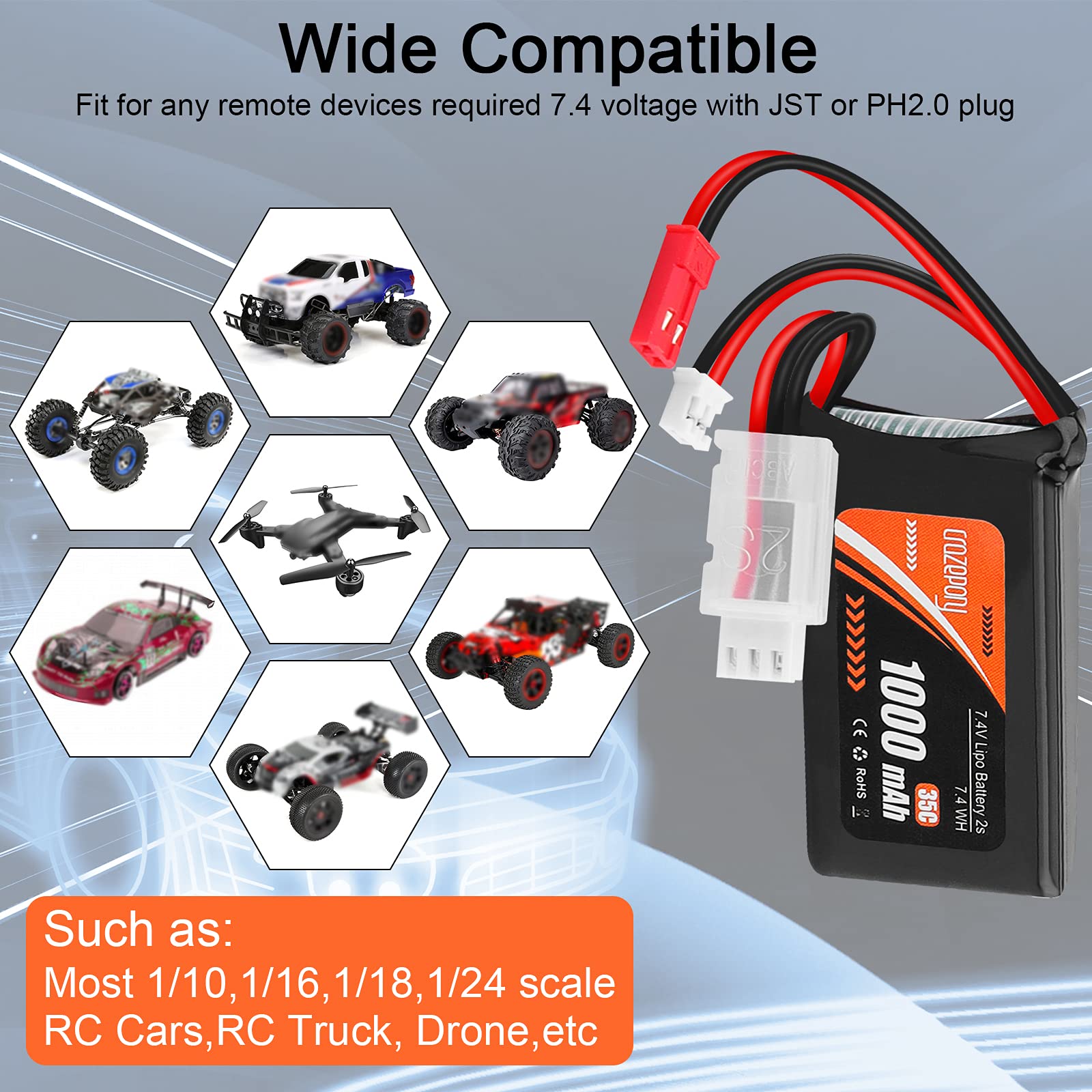 FancyWhoop 7.4V Lipo Battery 2S 1000mAh: 35C Battery with PH2.0 & JST Plug A xial SCX24 Lithium Batteries 2 Pack Rechargeable Batteries for WL Toys RC Car Most 1/10 1/16 1/18 1/24 Scale Racing Trucks