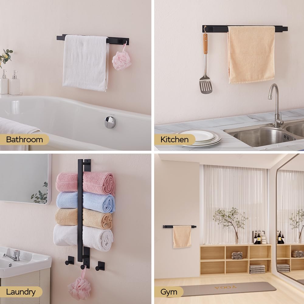 Bathroom Towel Rack 304 Stainless Steel Towel Holder with 2 Piece Hooks, Wall Mounted Towel Hanger fit Bathroom Accessory Kit - Drilling Required(Black, 31.5 INches)