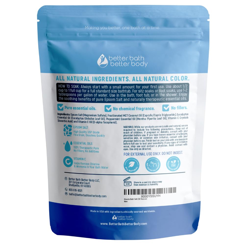 Muscle Soak Bath Salt 32 Ounces Epsom Salt with Natural Peppermint and Eucalyptus Essential Oils Plus Vitamin C in BPA Free Pouch with Easy Press-Lock Seal