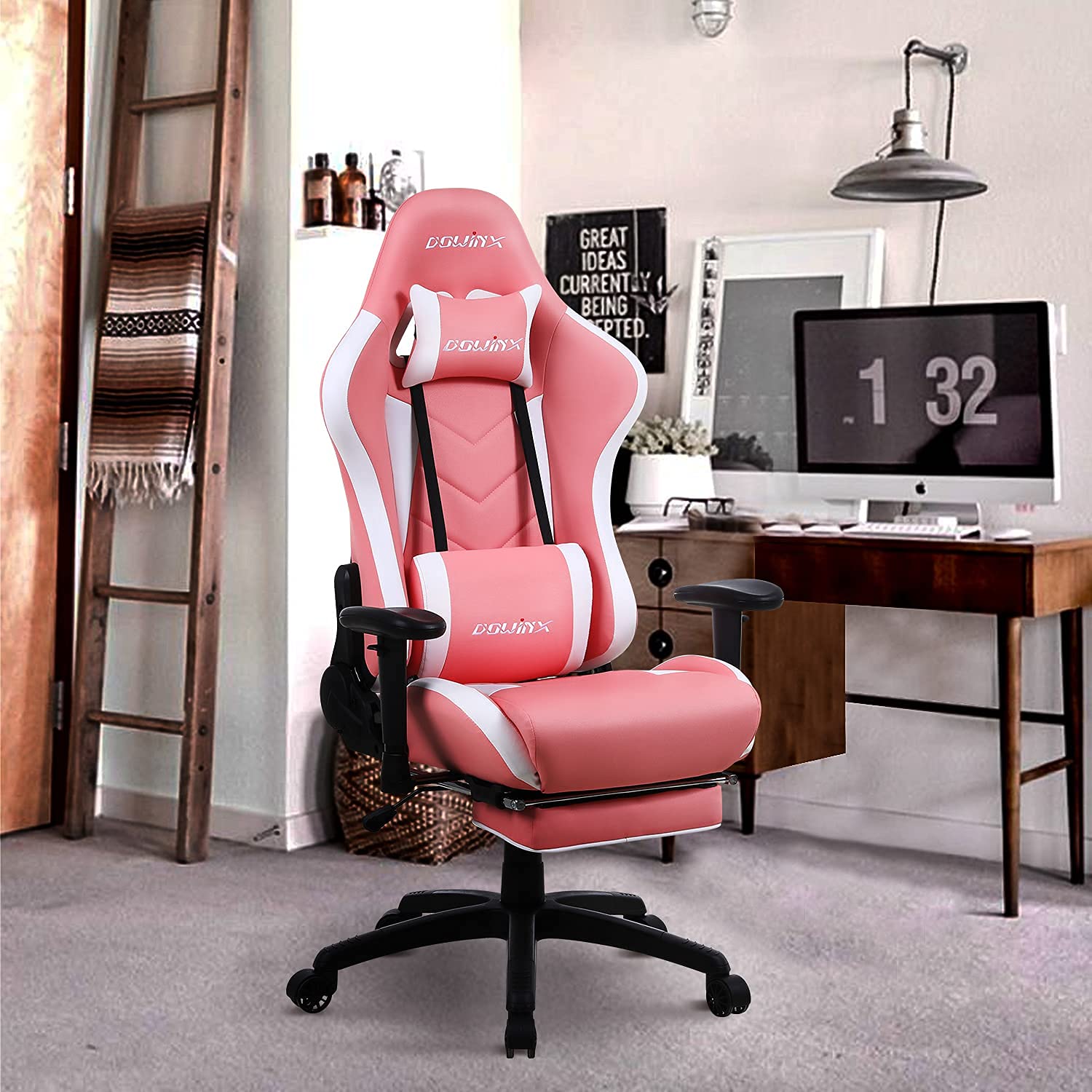 Dowinx Gaming Chair with Footrest Ergonomic Racing Style Recliner with Massage Lumbar Support, Office Armchair for Computer PU Leather E-Sports Gamer Chair High Back Pink
