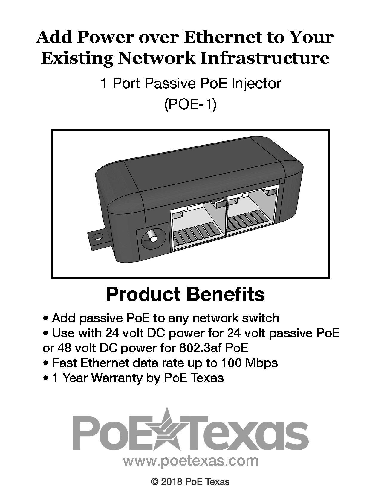 PoE Texas POE-1-48v15w | Single Port PoE Injector for Power Over Ethernet with 15 Watts of Power at 48 Volts for 802.3af Devices | Passive Always On Power (10/100 Mbps)