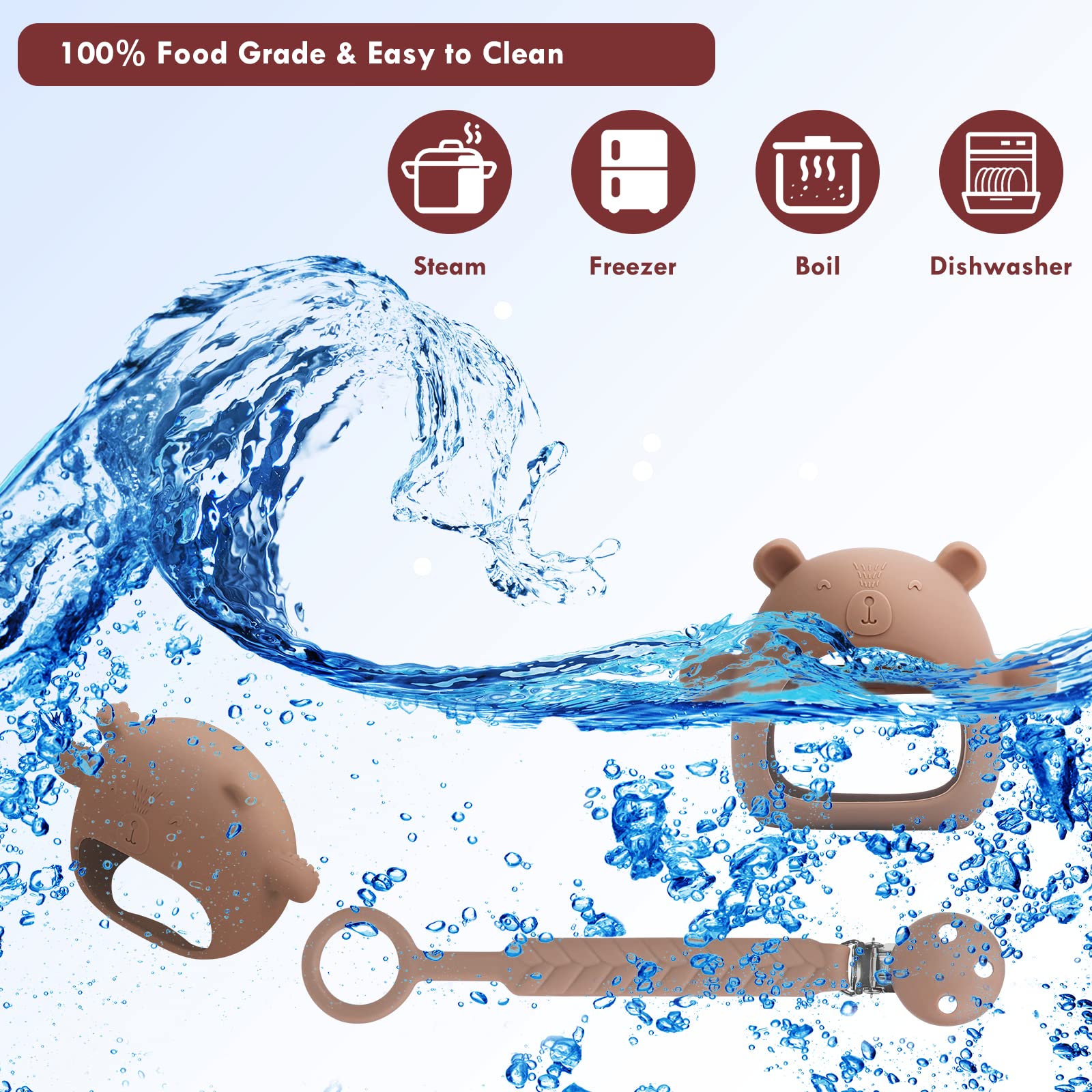 Baby Teether for 0-6 Months 2 Pack Never Drop Baby Teething Toys for 6-12 Months+1 Pack Pacifier Clip,Silicone Baby Chew Toys for Infant Sucking Needs,Baby Toys 3-6 Month Baby Mitten Teether(Brown)
