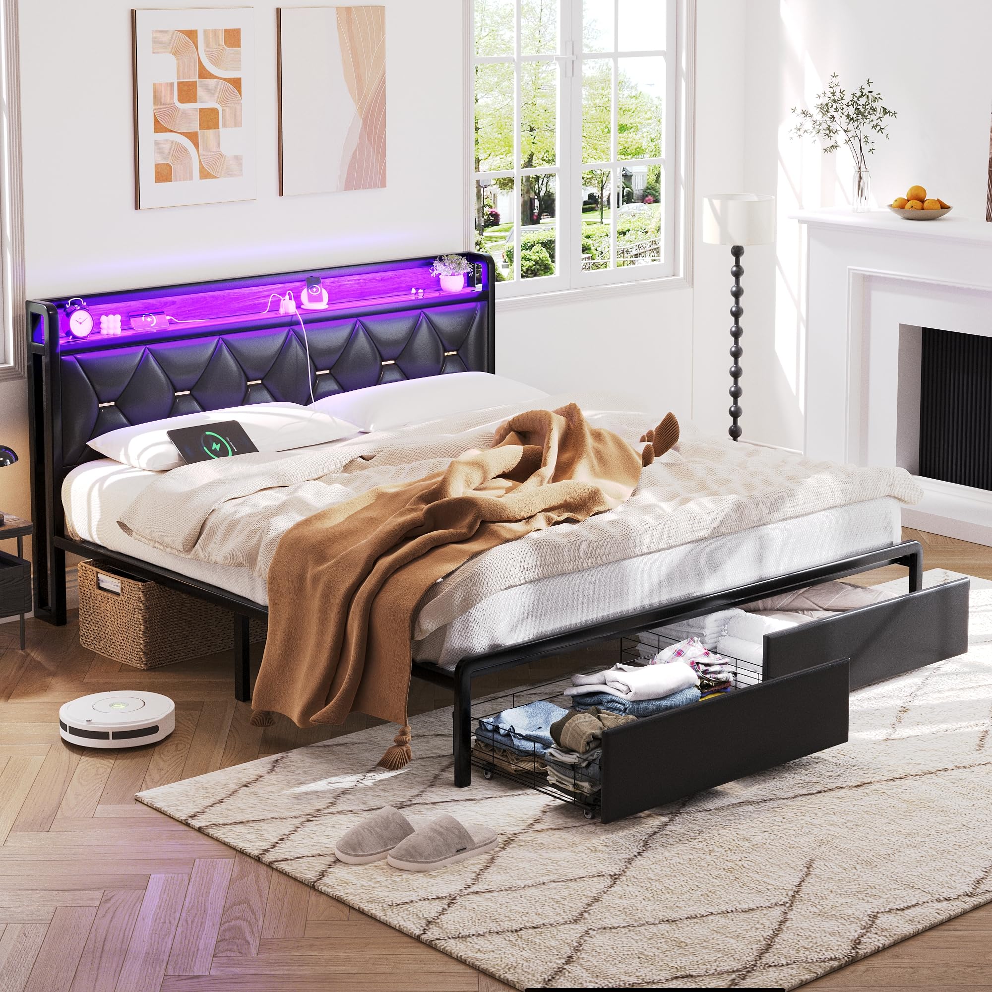 Ailisite Led Queen Size Bed Frame with Storage Headboard, Upholstered Bed Frame with TypC & TypA Charging Station, Black Queen Size Bed Frames with Storage Drawers, No Box Spring Needed,Easy Assembly