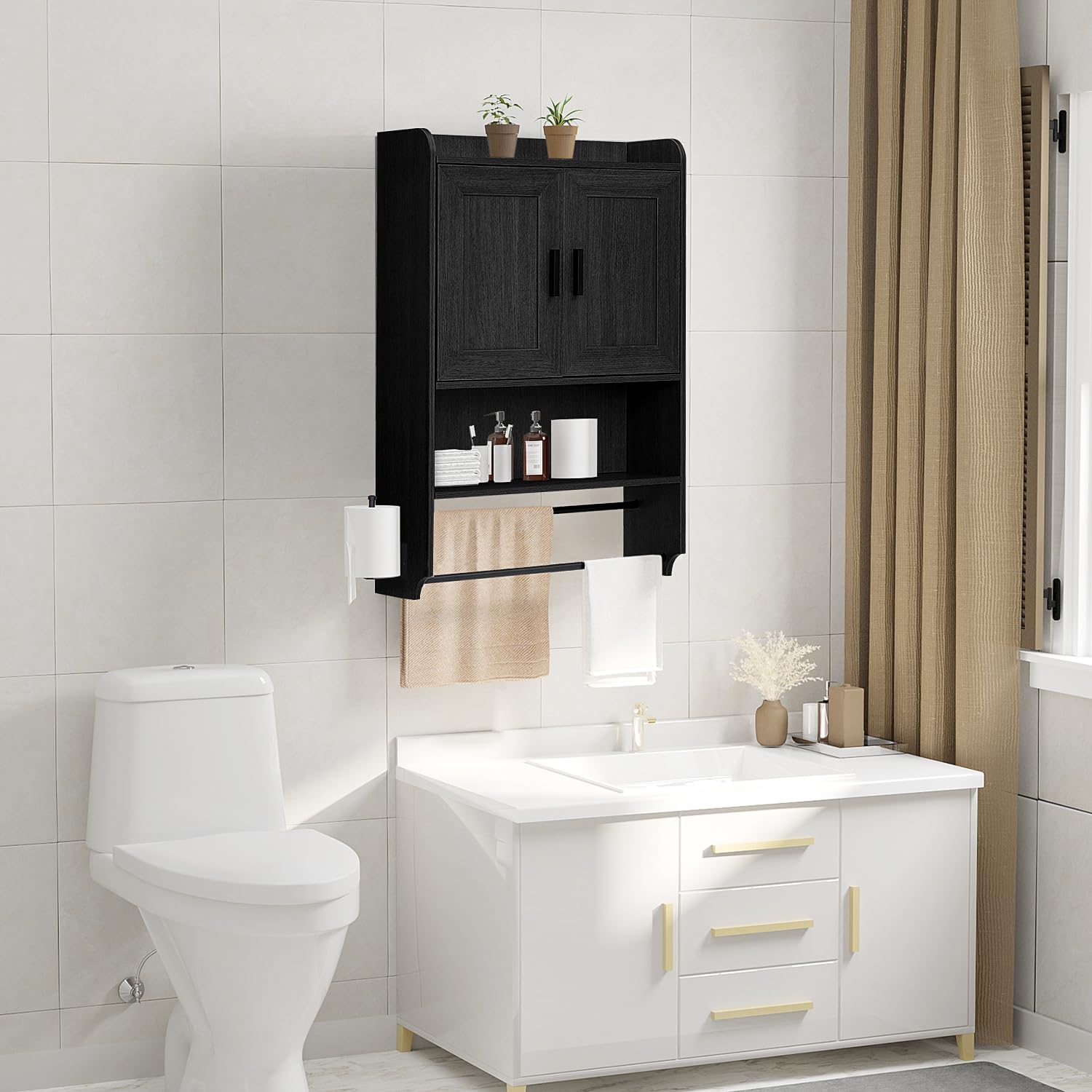 Bathroom Wall Cabinet, Wooden Medicine Cabinet Over the Toilet with Adjustable Inner Shelf, Wall Mounted Cabinet with Doors for Bathroom Storage, Hanging Cabinet for Wall with Towels Bar (Black)