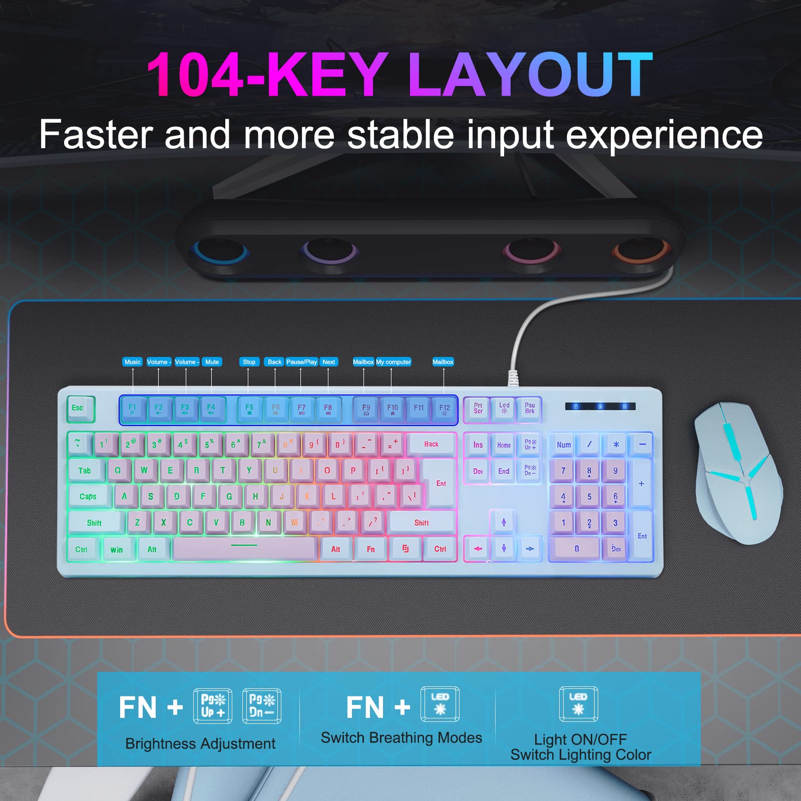 chuangquan CQ104 Mechanical Feeling Keyboard Rainbow LED Backlit USB Wired Floating Gaming Keyboard for Windows PC Laptop
