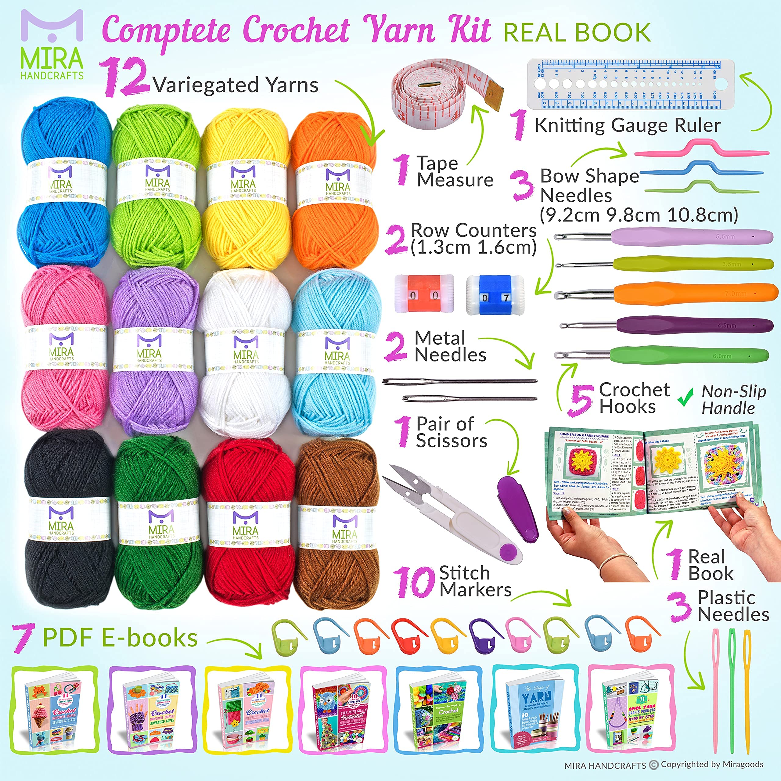 Acrylic Yarn Skeins Large 1.76 Ounce(50g) Each –12 Multicolor Knitting and Crochet Yarn Bulk –Starter Kit for Colorful Craft -7 Ebooks with Yarn Patterns -12 Pack + Accessories Set 1