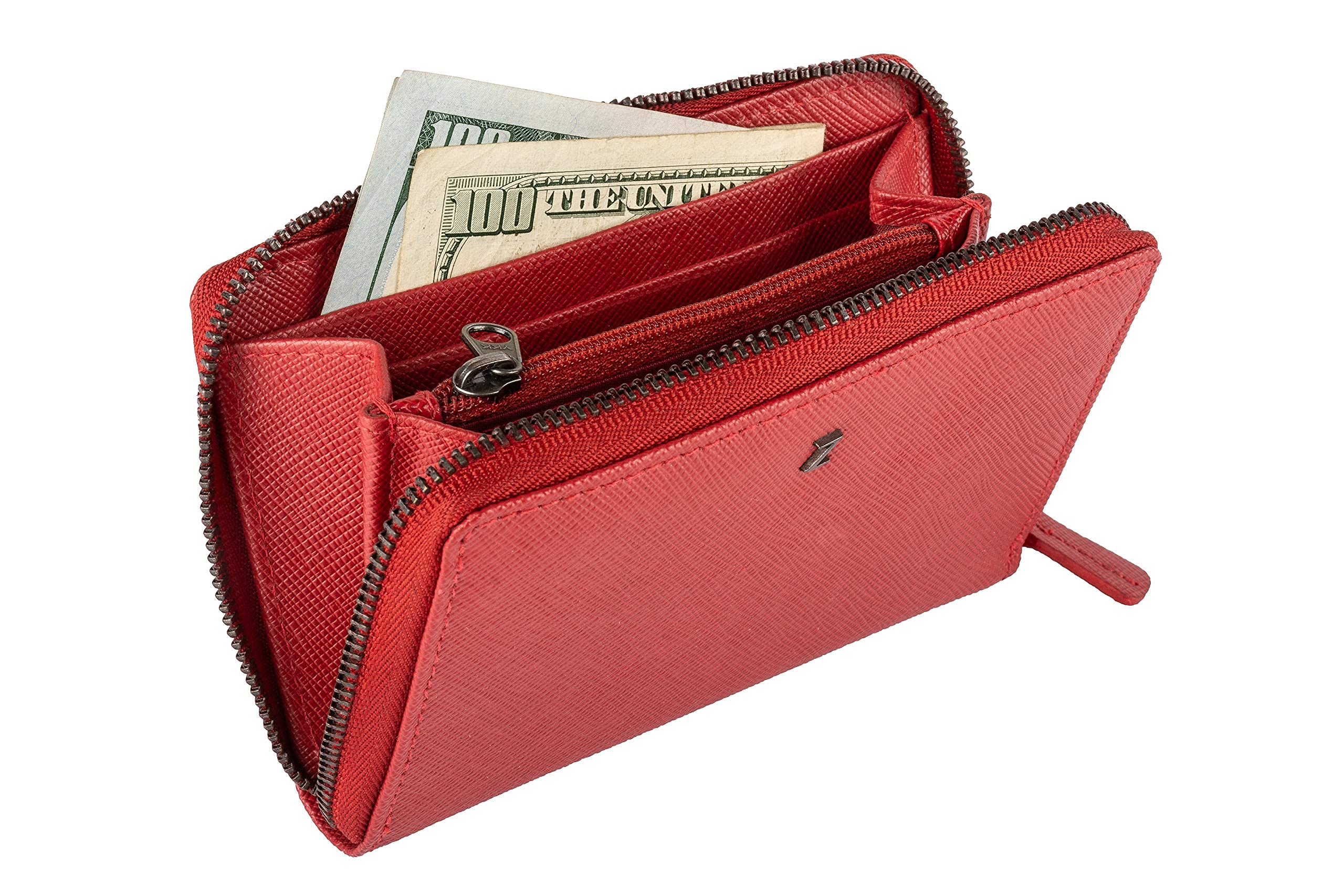 Zinda Genuine Leathers Women’s Wallet Mini Purse Zip Around RFID Protection (Red)