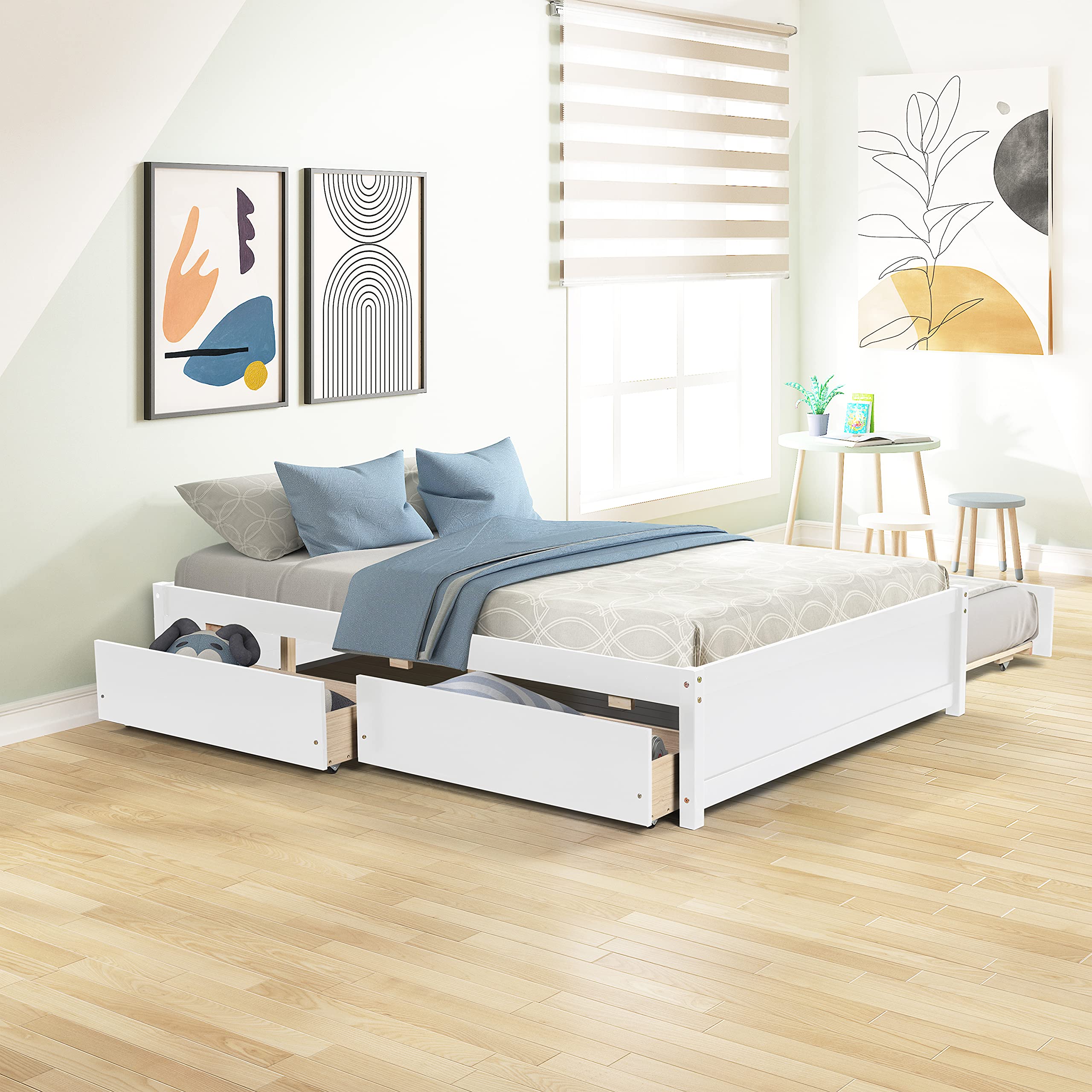 CITYLIGHT Full Bed with Trundle and Storage, Wood Platform Frame Full Bed with Trundle and Drawers, Space-Saving Full Bed for Kids, Boys, Girls, Teens, White