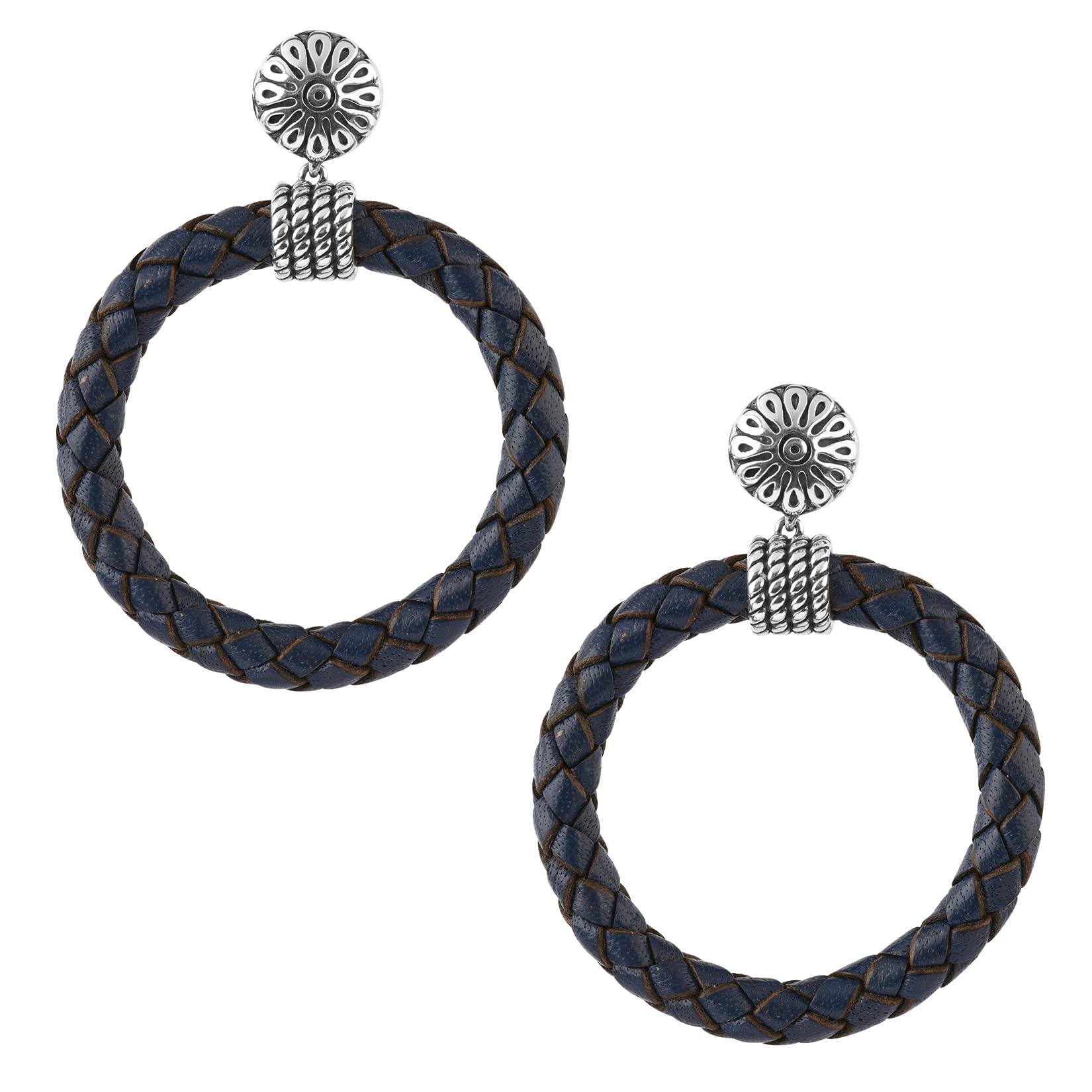 American West Sterling Navy Blue Braided Leather Hoop Earrings