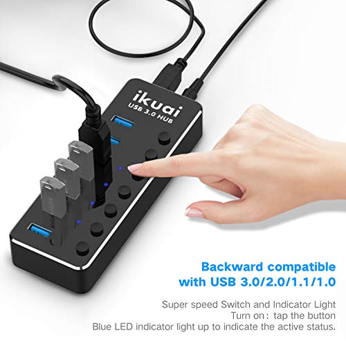 Powered USB 3.0 Hub, ikuai 7-Port Multiple USB Port Splitter, USB 3 Powered Hub with Individual LED On/Off Switches and Power Supply, Multiple USB Hub 3.0 Powered for Mac, PC