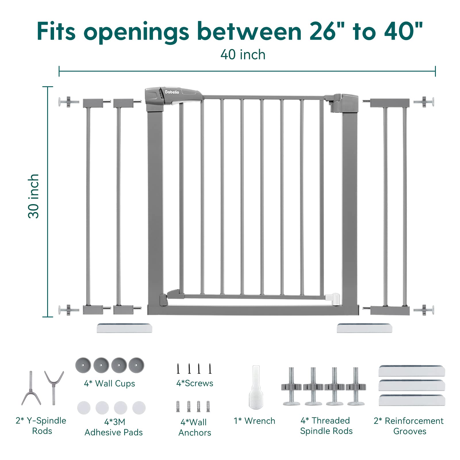 BABELIO 26-45.5 Inch Easy Install Extra Wide Pressure Mounted Metal Baby Gate, No Drilling, No Tools Required, Pet Gate with Wall Protectors and Extenders (Gray)