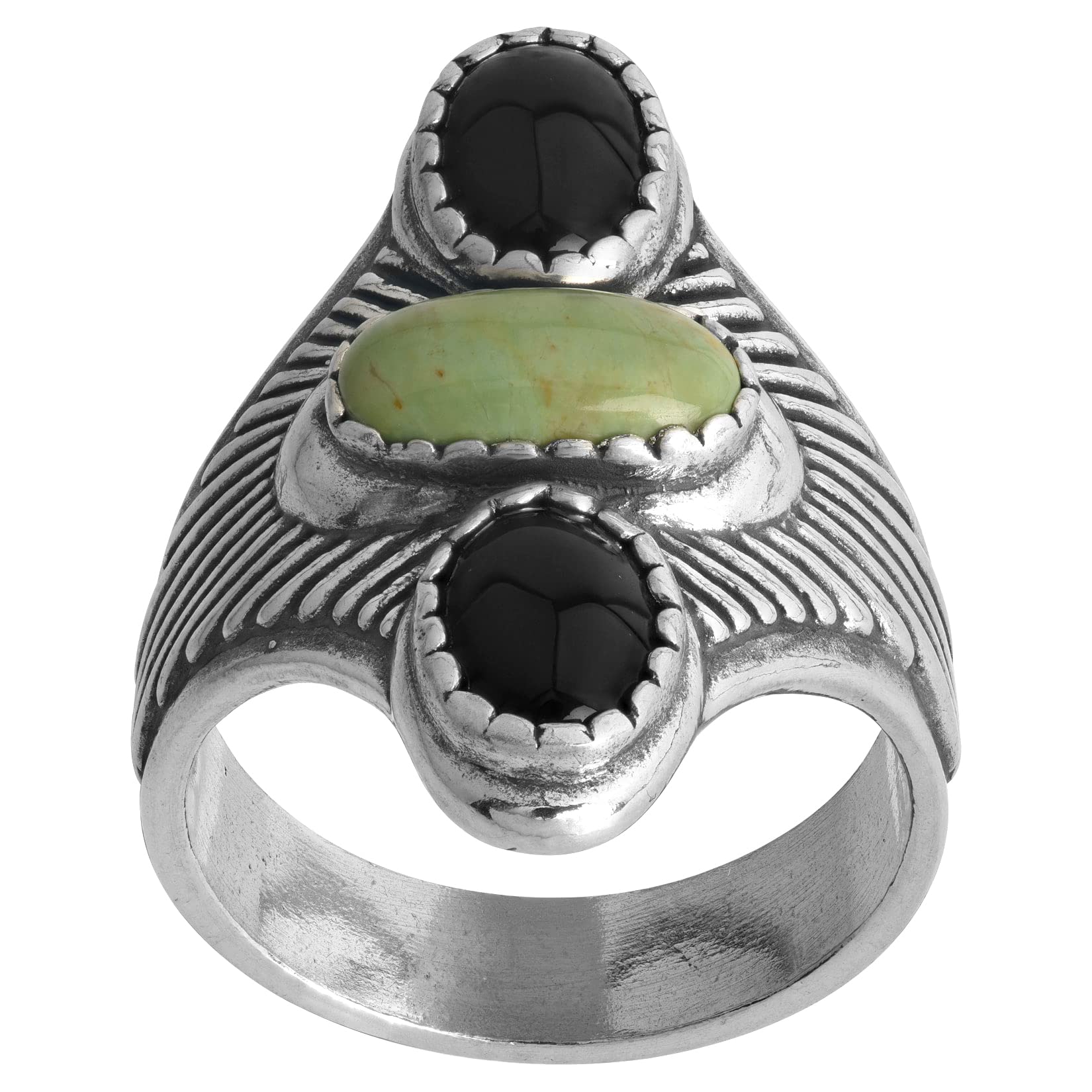 American West Sterling Silver Women's Ring Olive Green Turquoise & Black Agate Gemstone Size 9