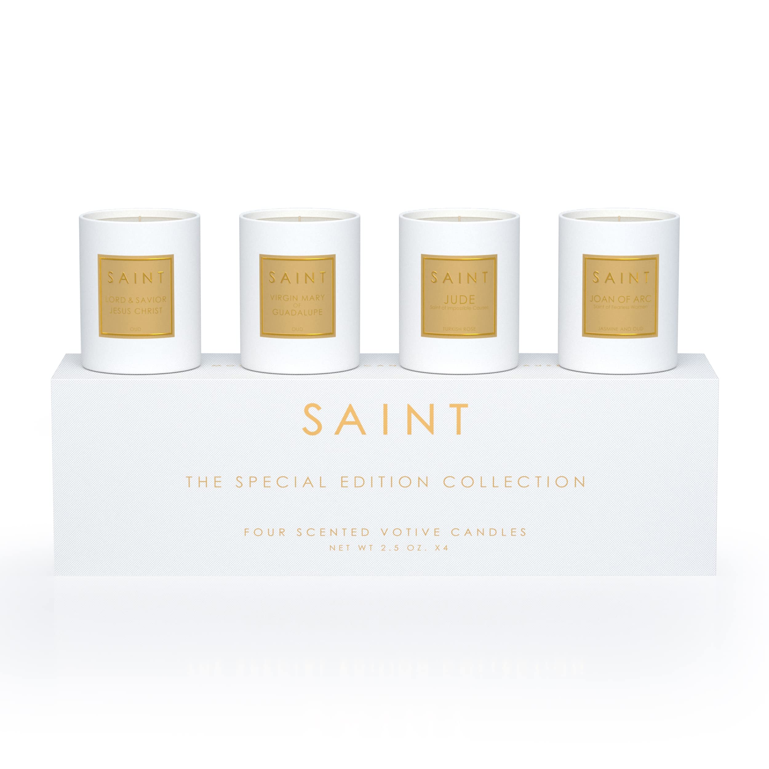 SAINT The Special Edition Collection Votive Candles, Soy Coconut Scented Candle Set with Holy Oil and Prayer Coin, Aromatherapy Soy Candles, 4 18-Hour Long Burning Candles, Holiday Gift-Ready Box
