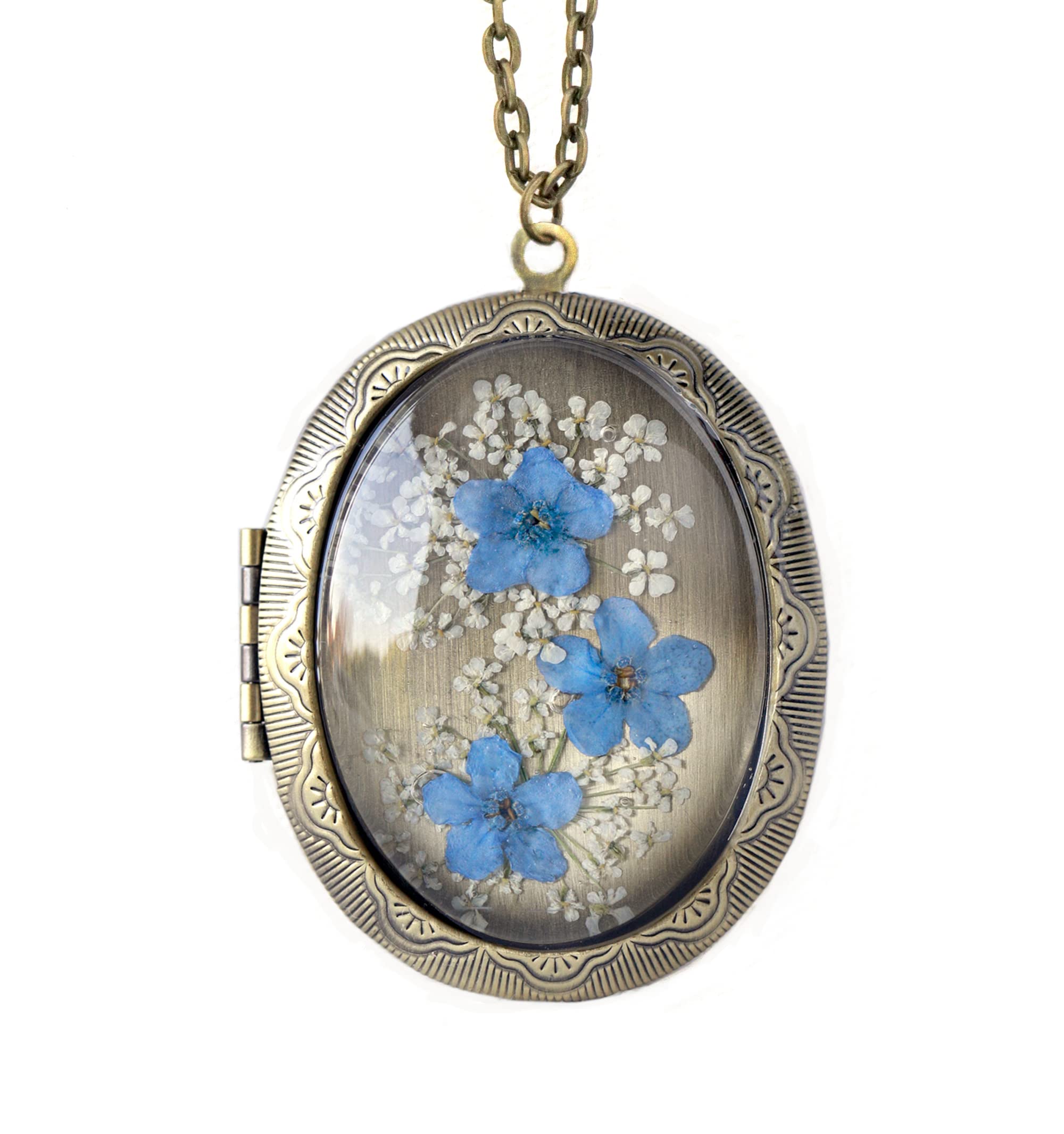 JewelryLand Handmade Oval Shaped Pressed Flower Vintage Photo Locket Resin Long Necklace (Forget Me Not), blue, pink, yellow, purple