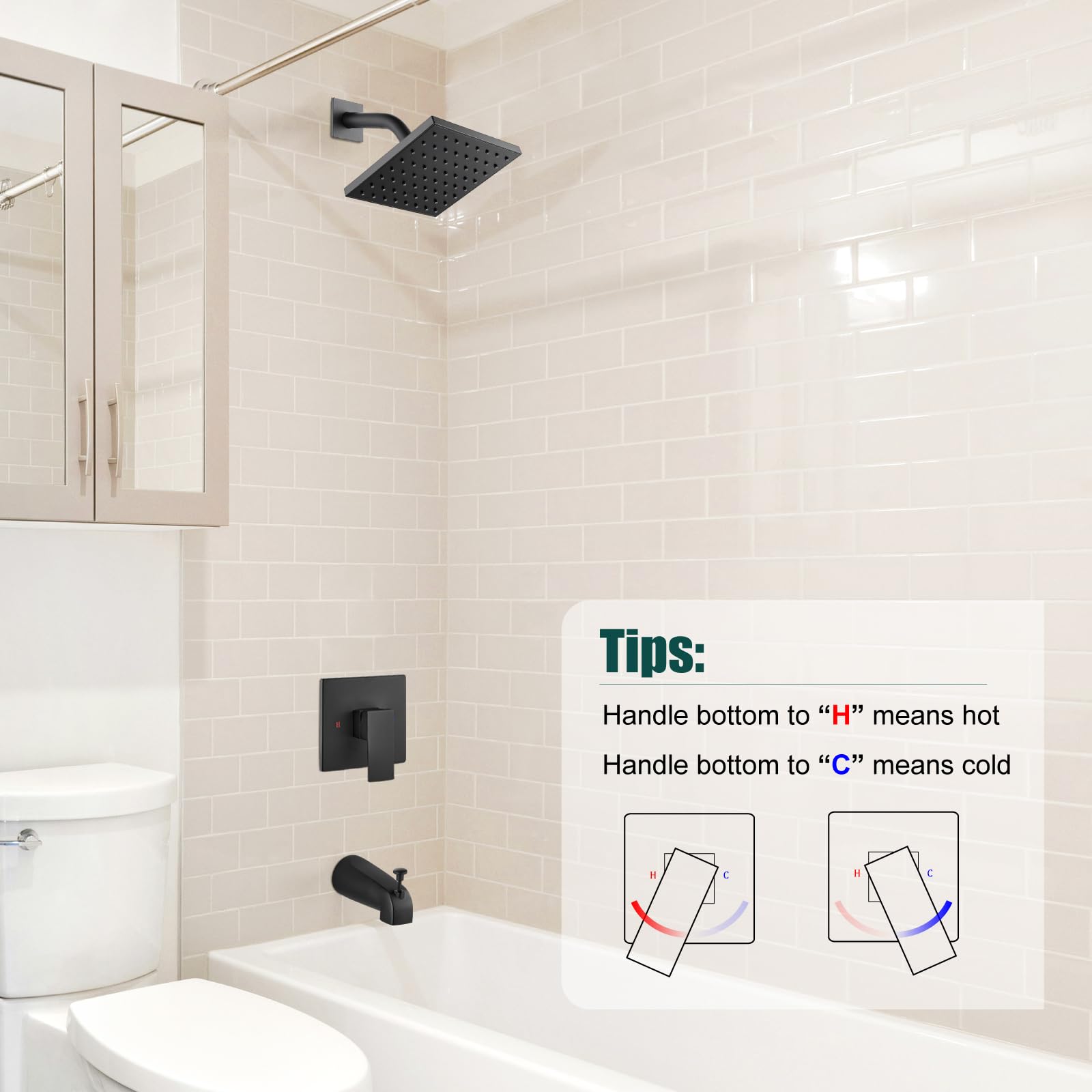Heyalan Bathtub Shower Faucet Set,6 Inch Square Shower Trim Kit Single Handle Shower System,Showerhead and Handle Set Male Thread Pressure Balance Valve,With Tub Spout,Matte Black