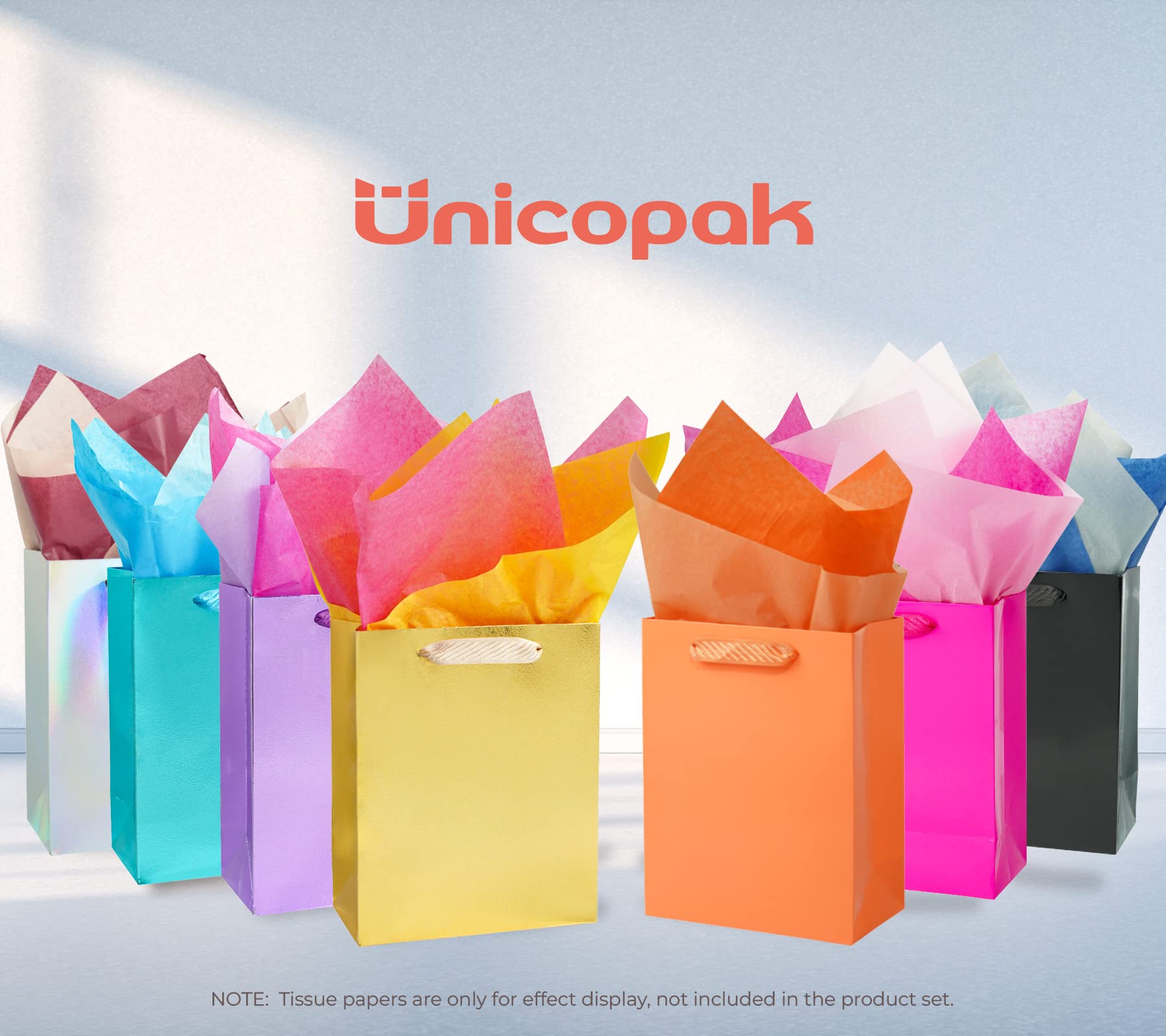 UnicoPak Gold Gift Bags Medium Size 8x4x10 20Pcs, Glossy Finish Waterproof Surface with Embossed Pattern, Gift Bags with Handles Gold Gift Bags for Birthday, Party, Wedding, Shopping