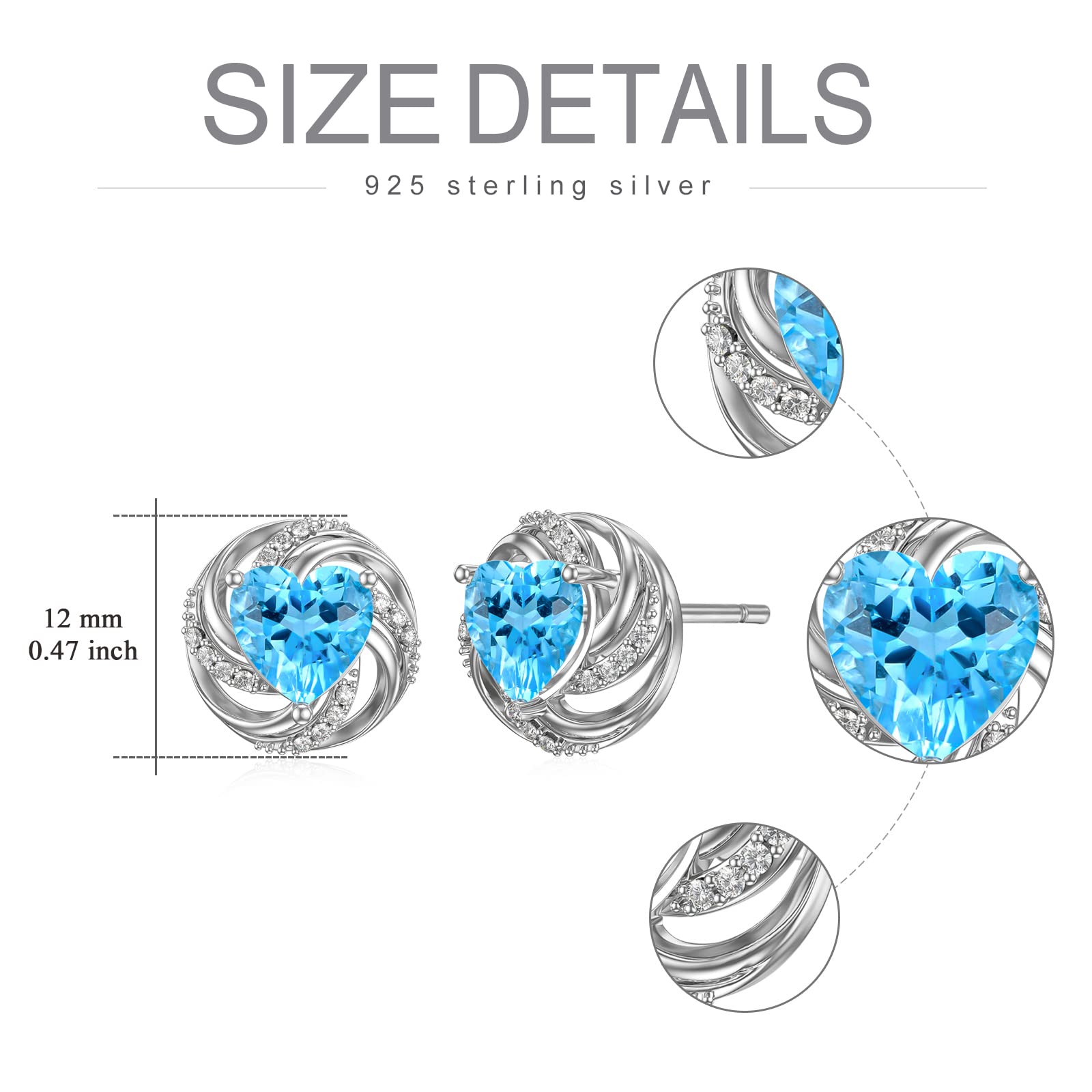 Althum Swiss Blue Topaz Earrings 925 Sterling Silver 7MM Heart Shaped Natural Topaz Stud Earrings for Women