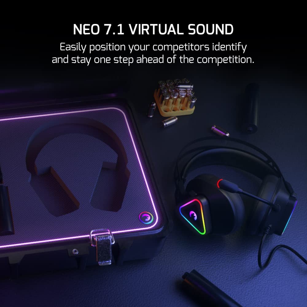 GAMEPOWER Kizaru USB Gaming Headset - 7.1 Virtual Surround Sound, Wired RGB Led Headphones with 53MM Drivers, Comfort Design, 360 Spatial Audio, Noise Cancelling Mic PC, Laptop, Black