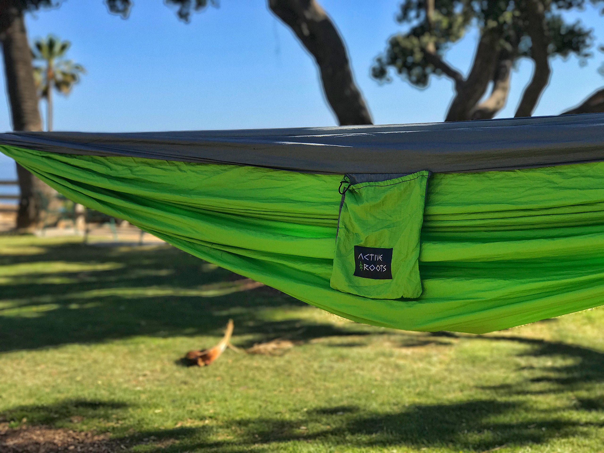 Active Roots Double Camping Hammock with Tree Straps - Portable Hammock, Parachute Nylon Lightweight Hammock for Backpacking, Travel, Indoor, Outdoor (Green/Grey)