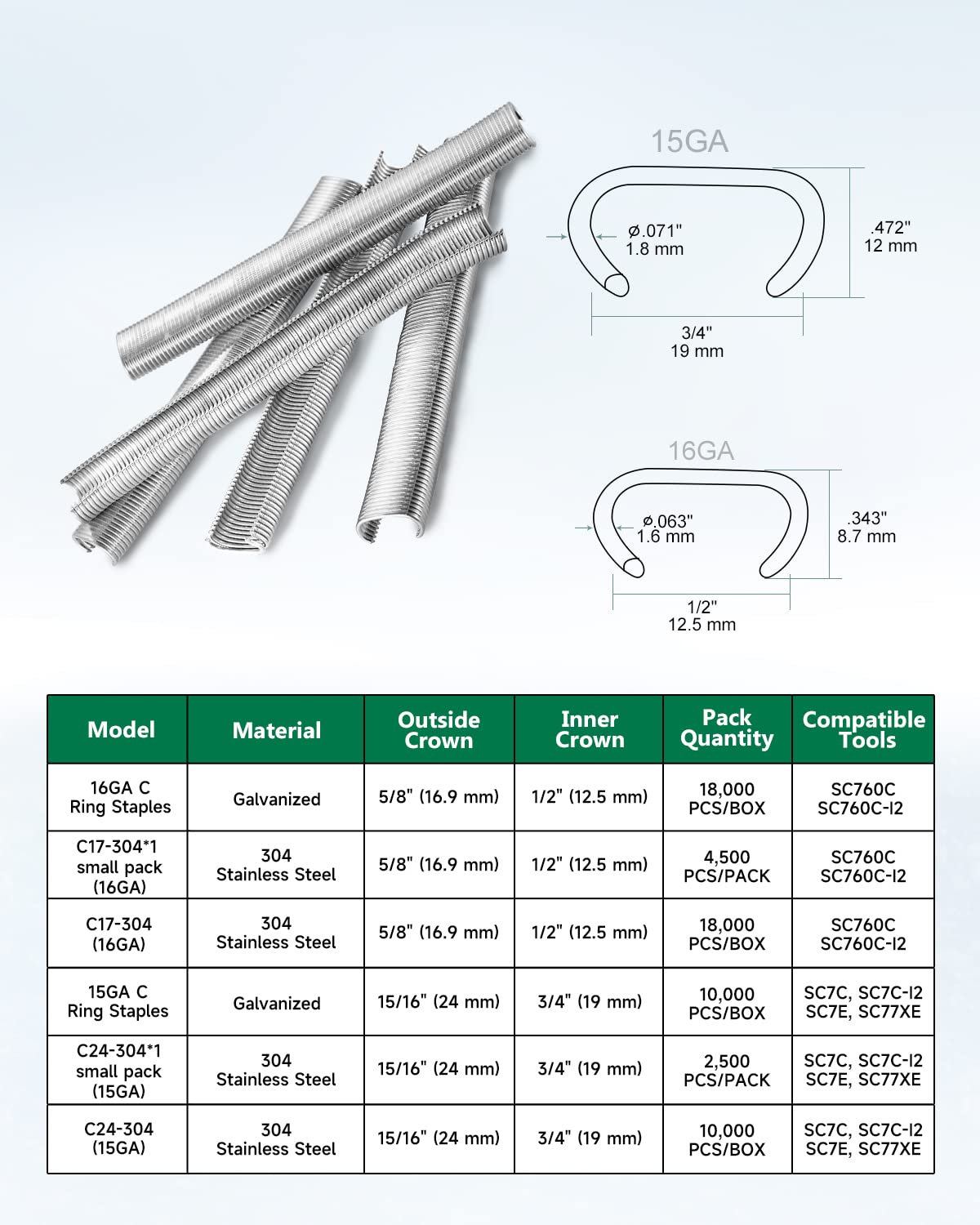 meite SC760 16 Gauge 1/2-Inch Inner Crown 5/8-Inch (16.9 mm) Outer Crown Galvanized C Ring Staples for SC760C/SC760C-I2 C Ring Tools Closing Diameter of 3.2-4.8mm 18,000 PCS/Box (1 Box)