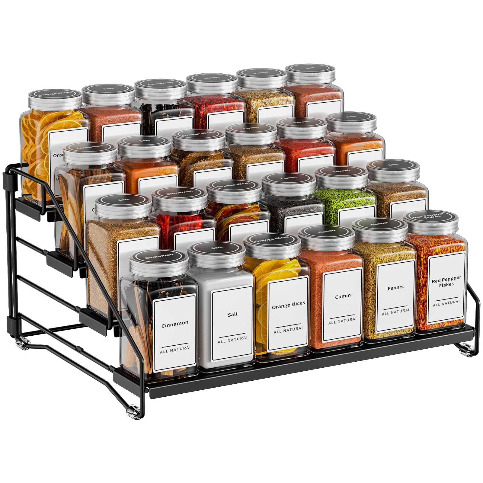 BOIVSHI 4 Tier Spice Rack for Cabinet, Spice Rack Organizer, Depth Adjustable Spice Holder for Countertop, Cupboard, Pantry, Seasoning Shelf, Metal, Black (1 Pack)