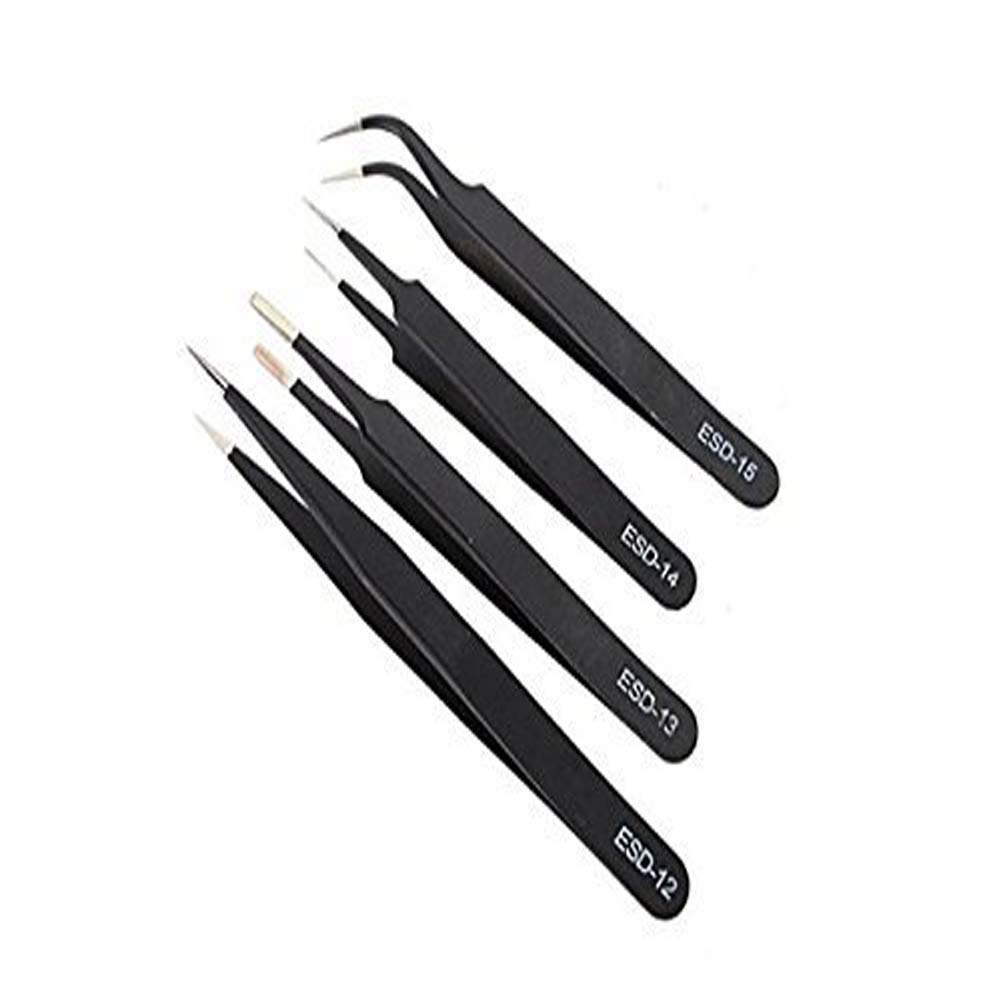 Tovip 4 Pcs ESD Tweezers Set Anti-Static Tweezers Stainless Steel Tweezers for Eyelash Extension,Electronics, Jewelry-making - Straight and Curved Tip Tweezers - Black