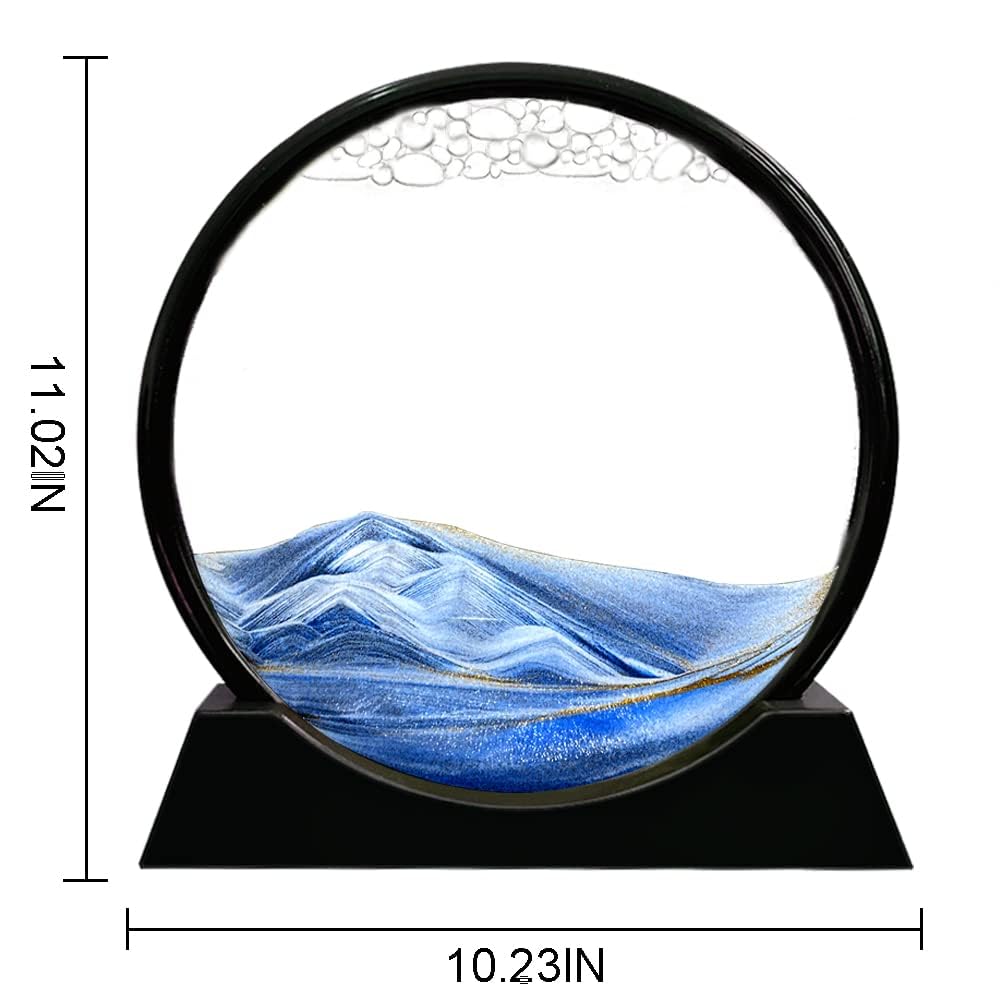Feilicraft Moving Sand Art Picture Round Glass Frame Sandscapes 3D Deep Sea Display in Motion Dynamic Flowing Grit Photo Hourglass Desktop Art Home Office Decoration Party Gift (12‘’, Blue)