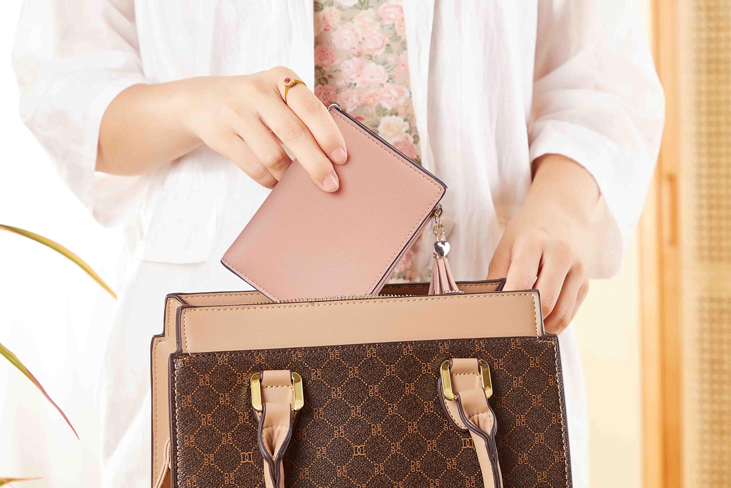 Gostwo Small Wallet Women RFID Blocking Leather Credit Card Wallet with ID Window and Zippered Coin Pocket Tassel Cute Wallet