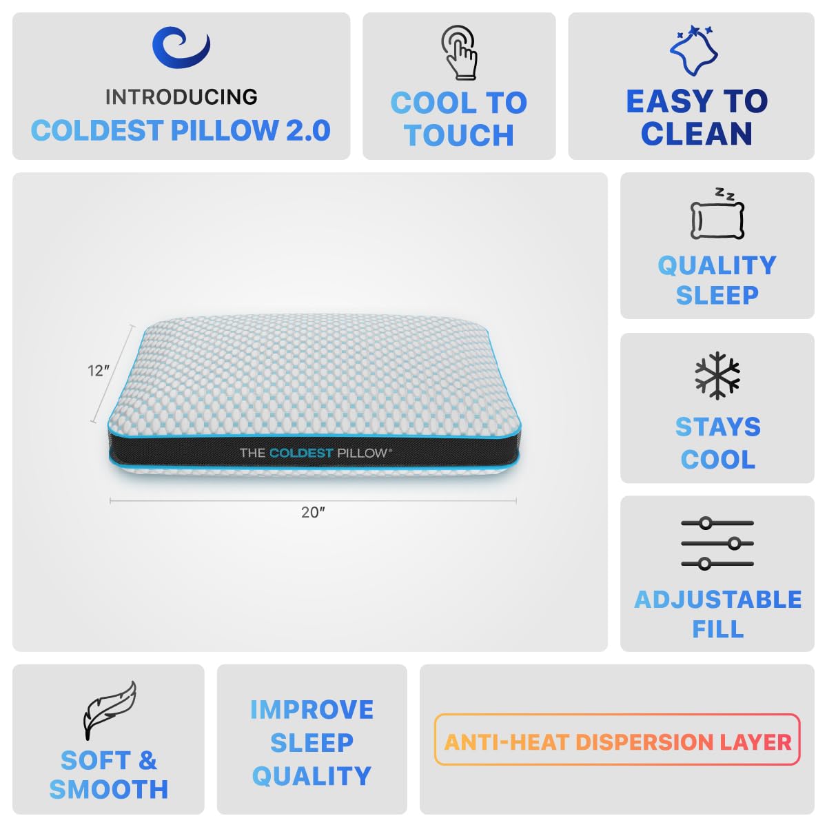 Coldest Pillow - Adjustable Fill, Washable Cover, and Best for Breathable Cool While Sleeping -Premium (Small) (Grey)